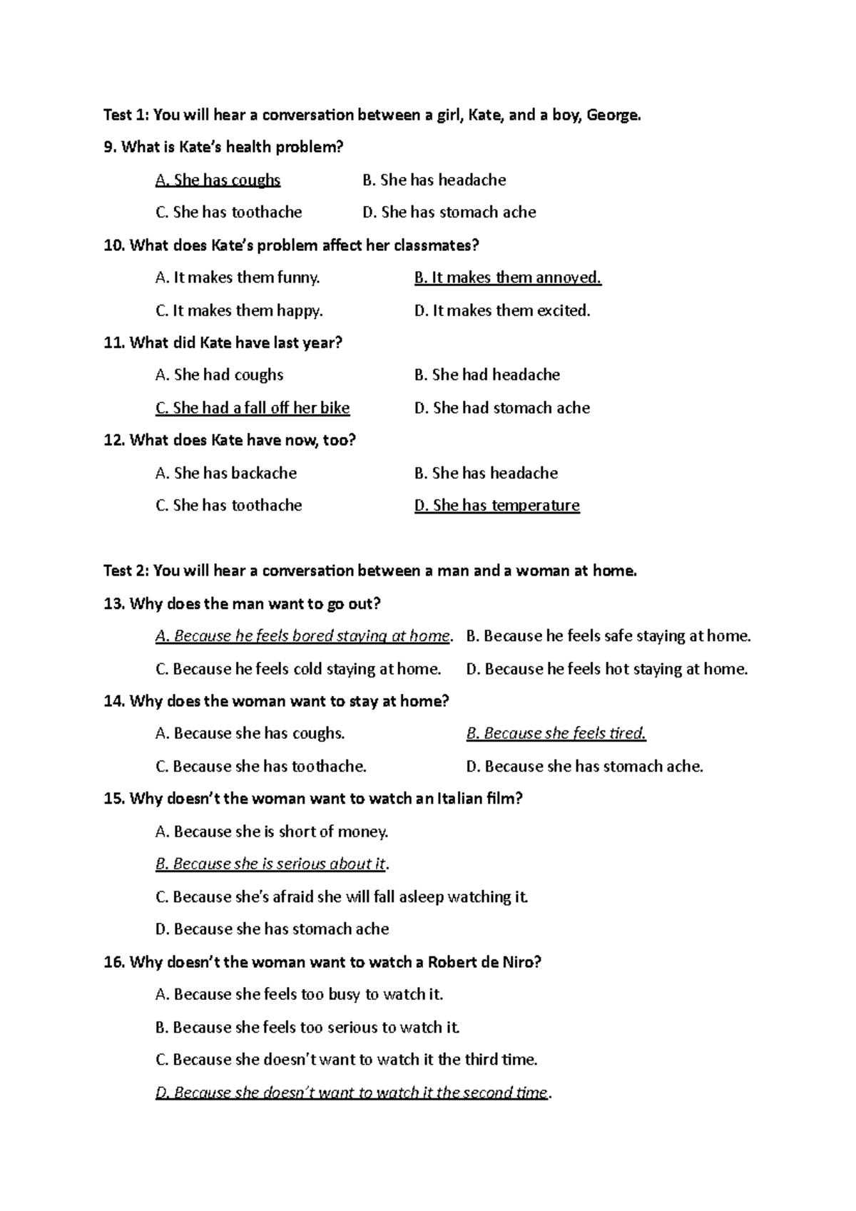 Test 1,2,3,4 - Part 2: Listening Comprehension Questions - Studocu