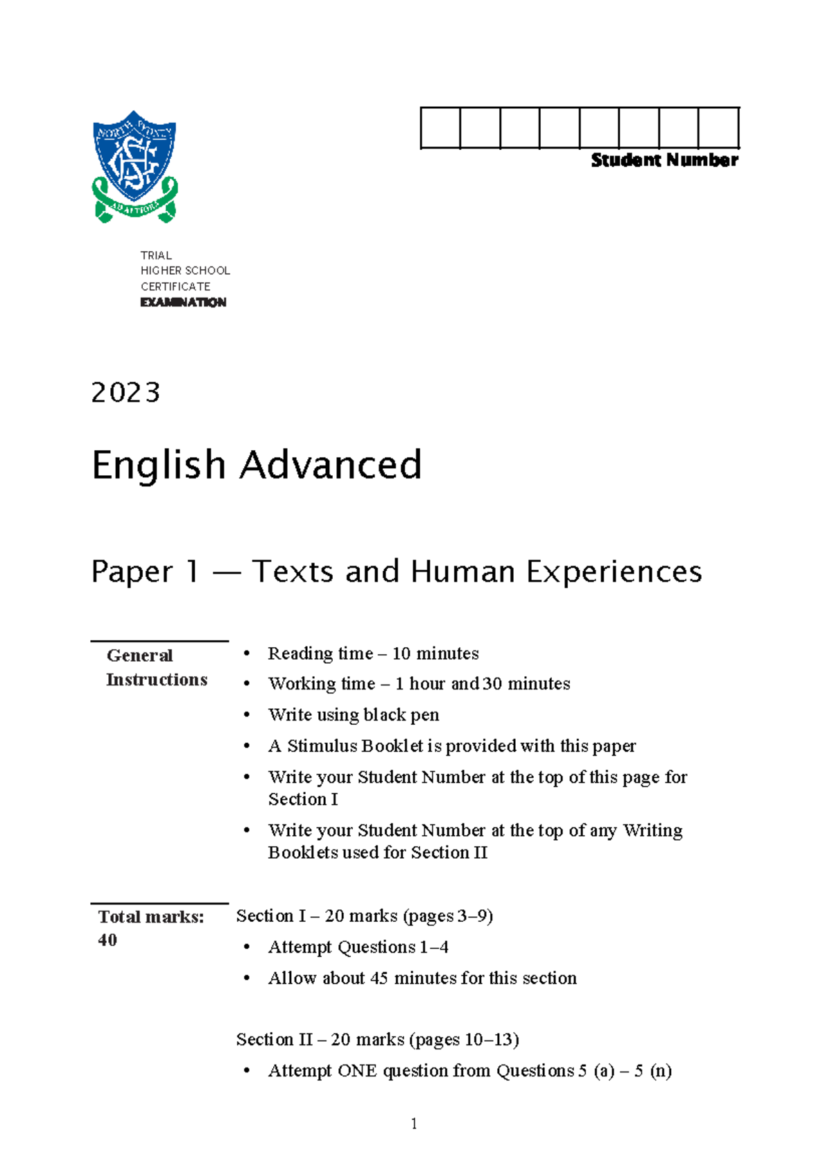 NSG Year 12 English Adv Trial HSC Exam 2023 - Paper 1 Texts & Human ...