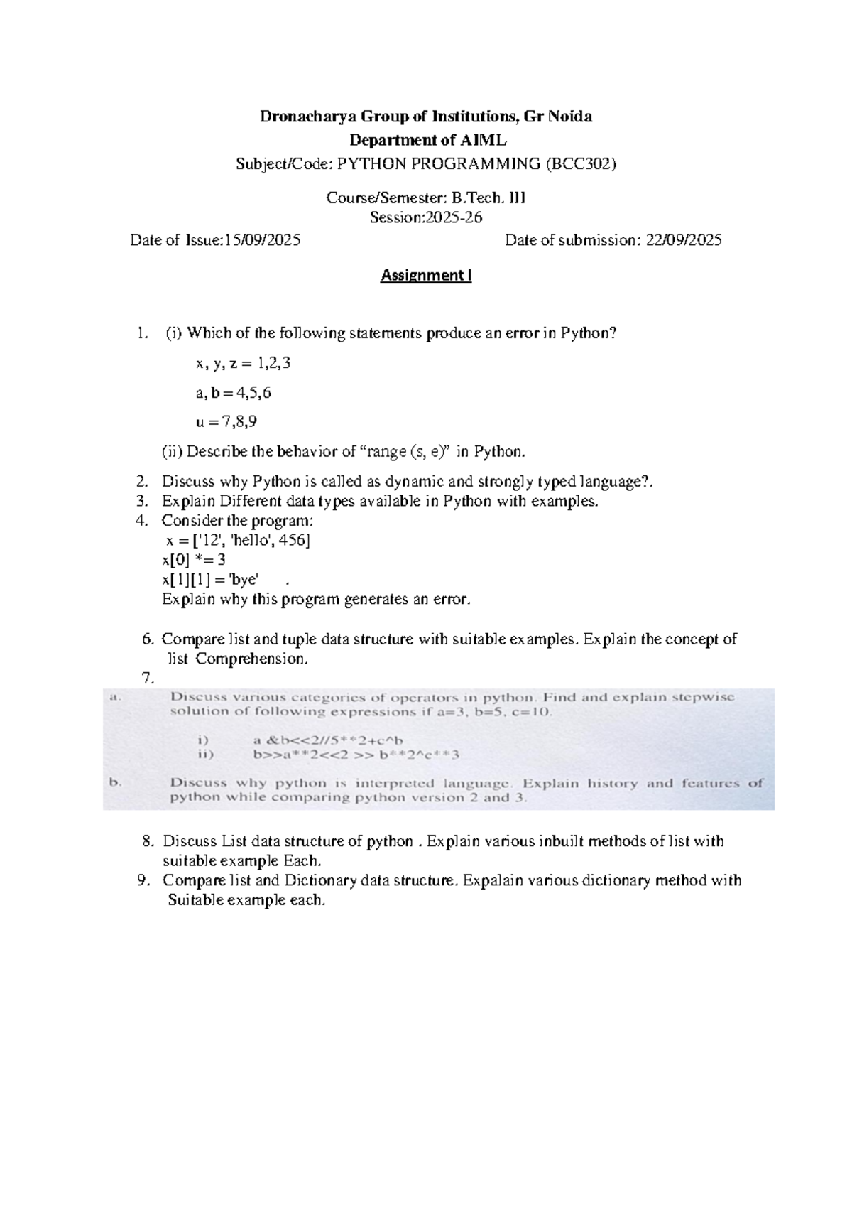 AIML BCC302 Assignment I: Python Programming Concepts and Errors - Studocu