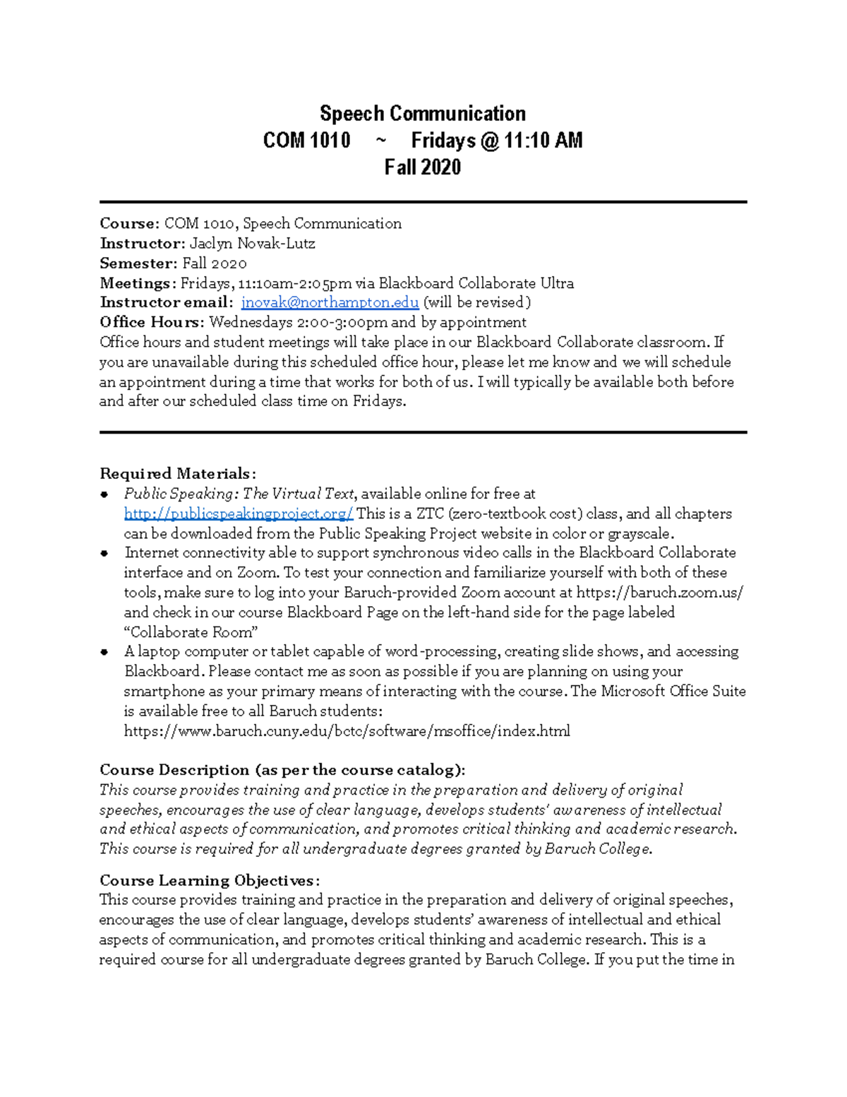 COM 1010 Fall 2020 - Syllabus for Speech Communication Course - Studocu