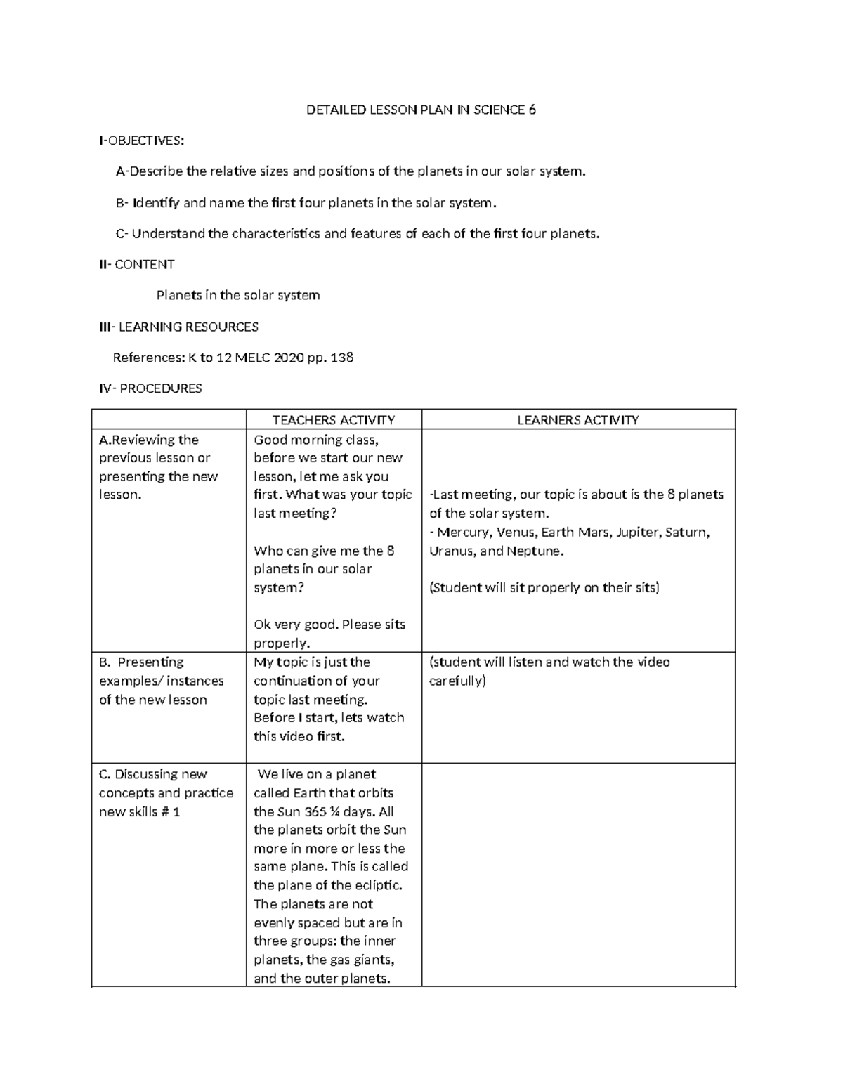 Detailed Lesson Plan in Science 6: Exploring the Solar System - Studocu