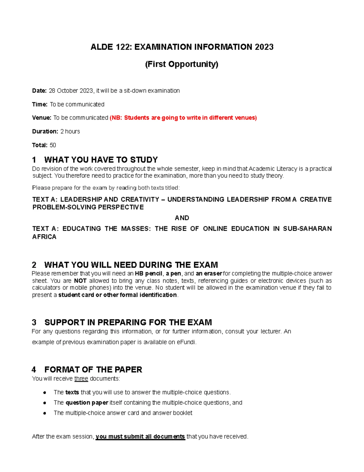 ALDE122 Exam Prep 2023 - ALDE 122: EXAMINATION INFORMATION 20 23 (First ...
