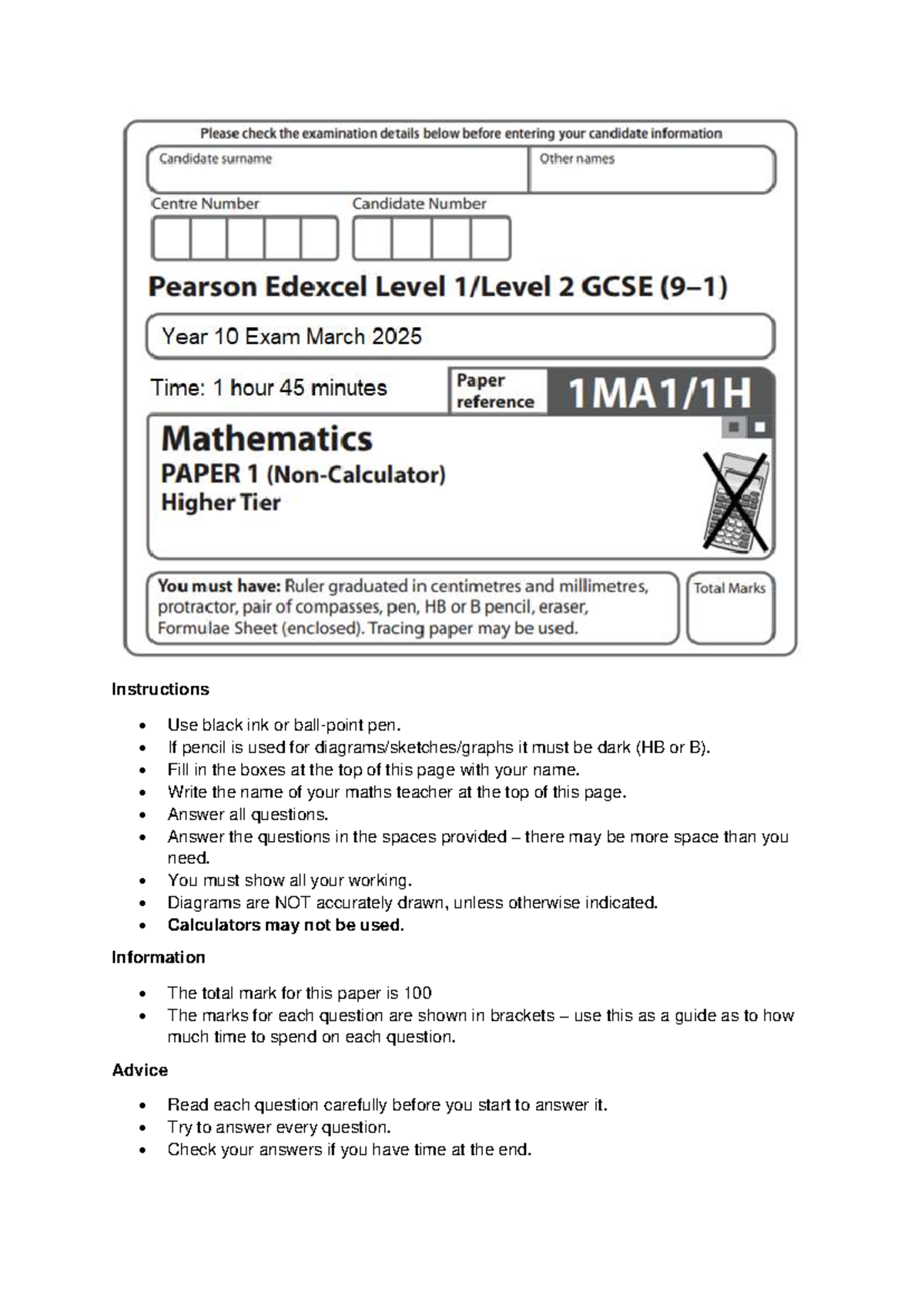 Y10 Mathematics Exam 2025 - Paper 1 Instructions & Questions (PFV ...