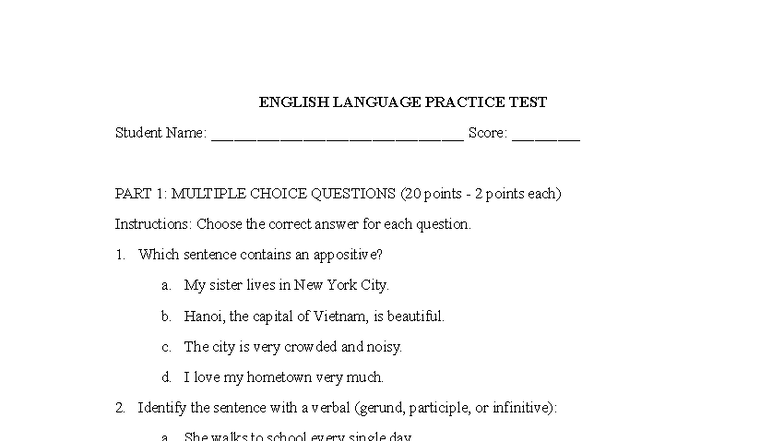 Practice Test - Mid-Term: English Language Skills Assessment - Studocu