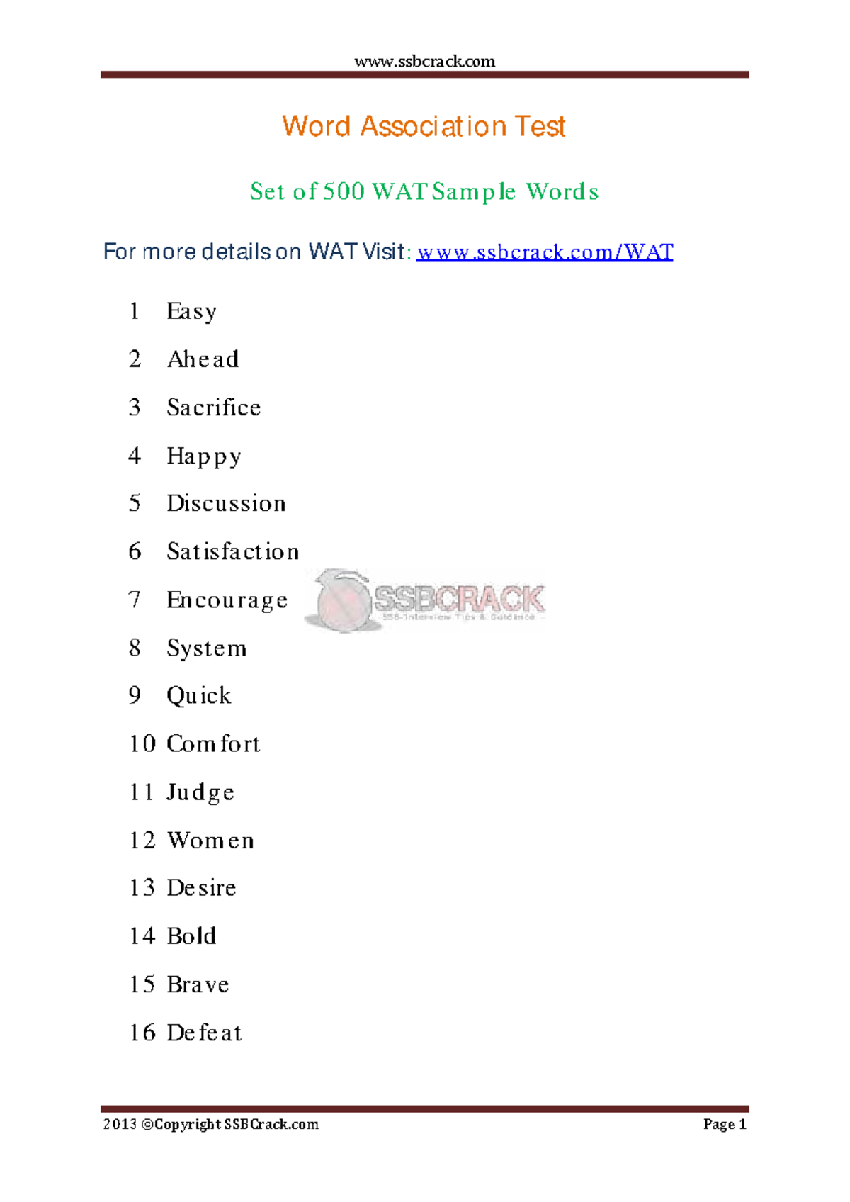 WAT Sample Words: 500 Word Association Test List - Studocu
