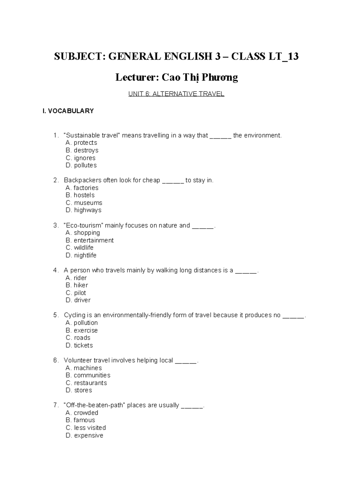 General English 3 - Unit 6: Alternative Travel Notes - Studocu