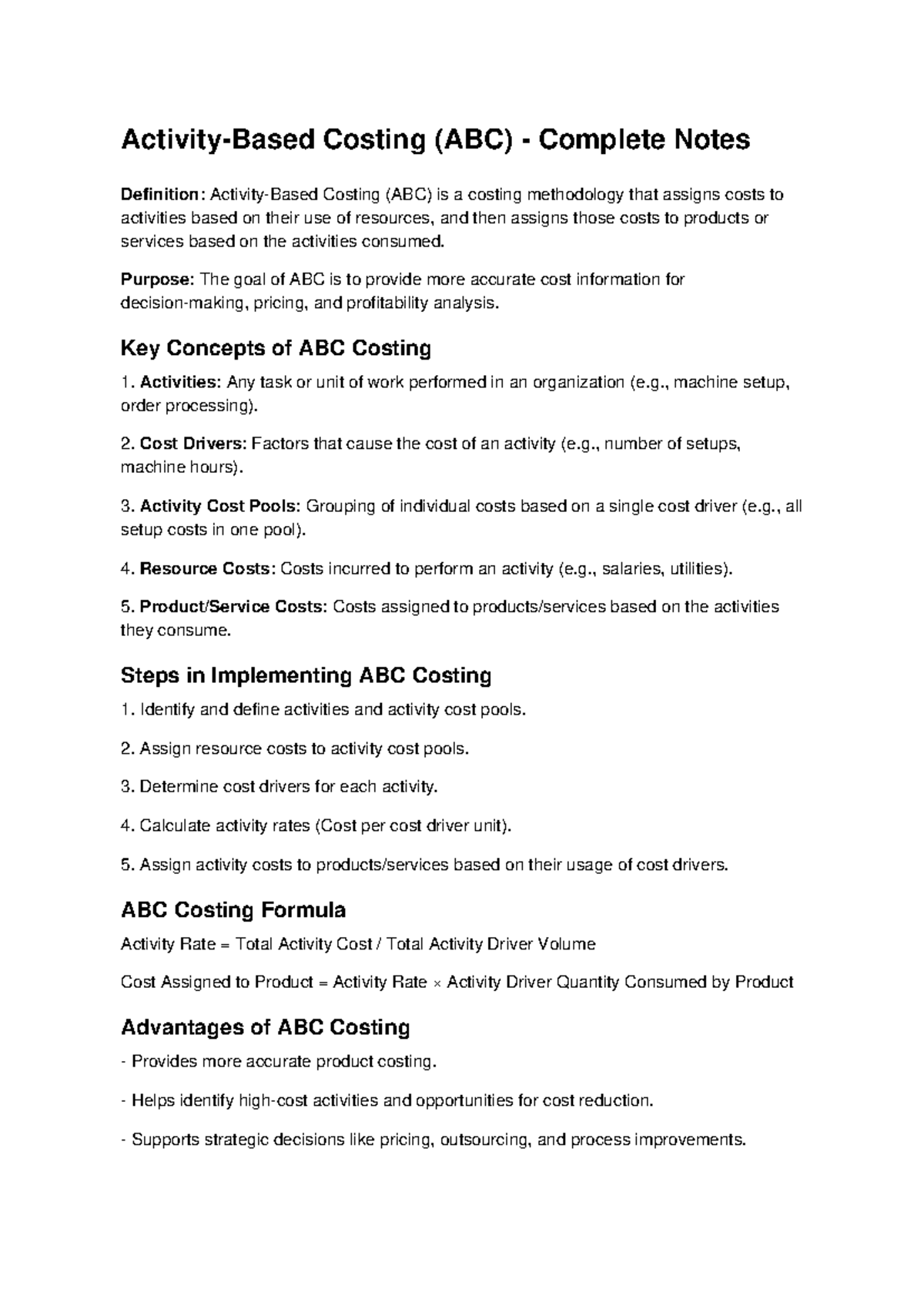 ABC Costing (ACCT 101) Comprehensive Study Notes - Studocu