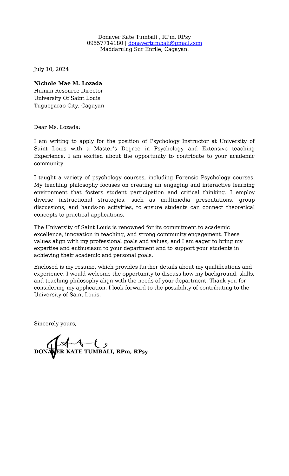 Application letter final - Donaver Kate Tumbali , RPm, RPsy 09557714180 ...