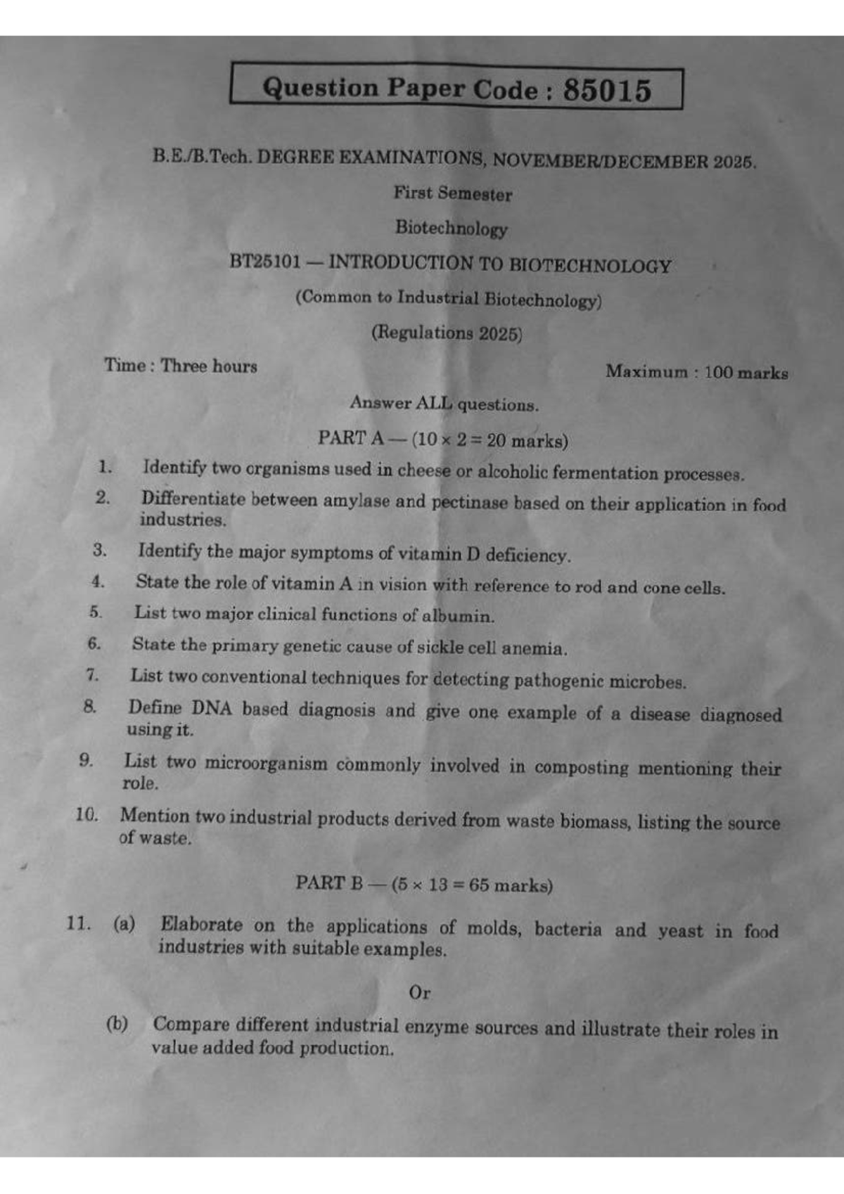 BT25101 Introduction to Biotechnology Nov-Dec 2025 Exam Paper - Studocu