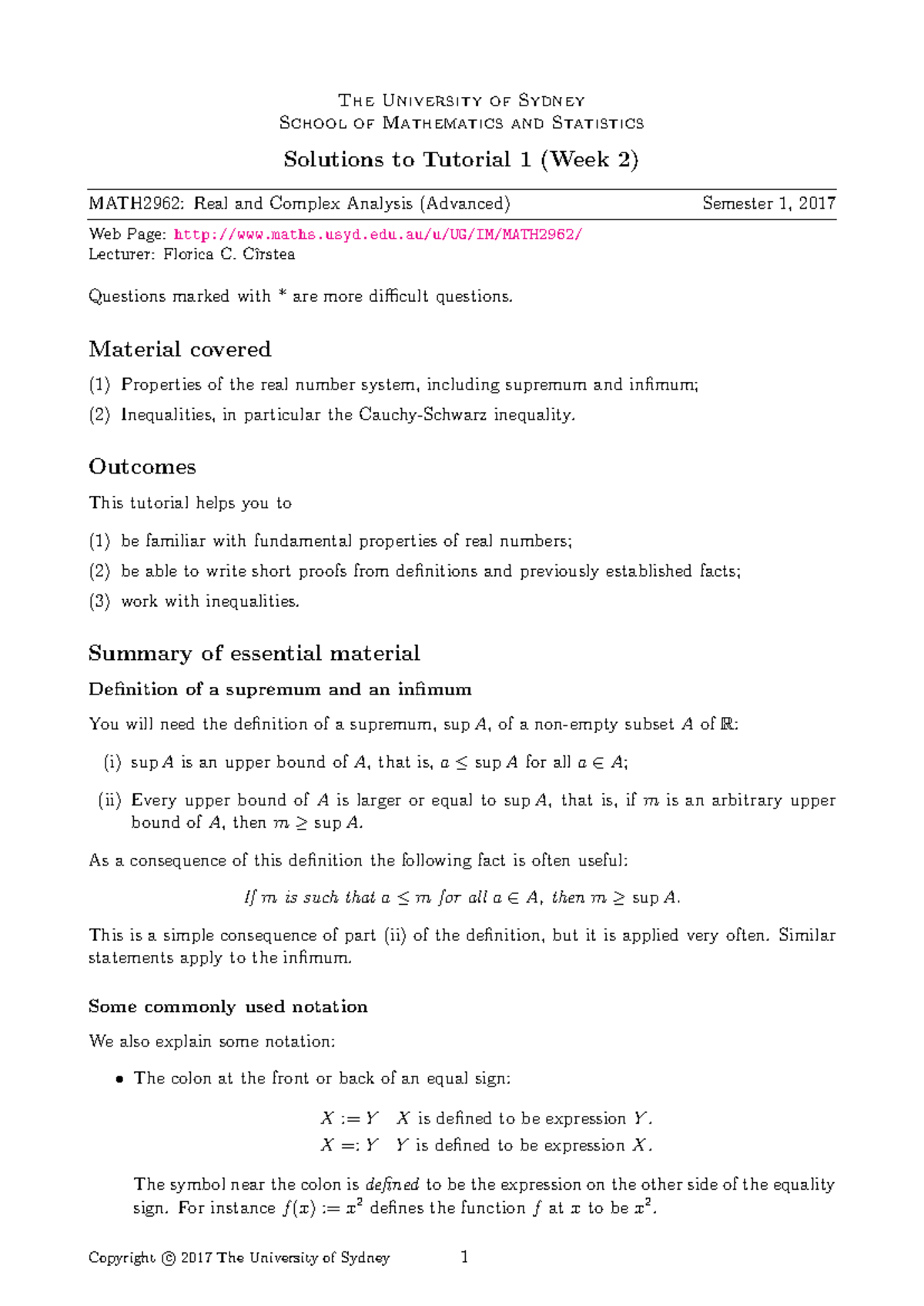 MATH2962: Solutions to Tutorial 1 (Week 2) - Real & Complex Analysis - Studocu