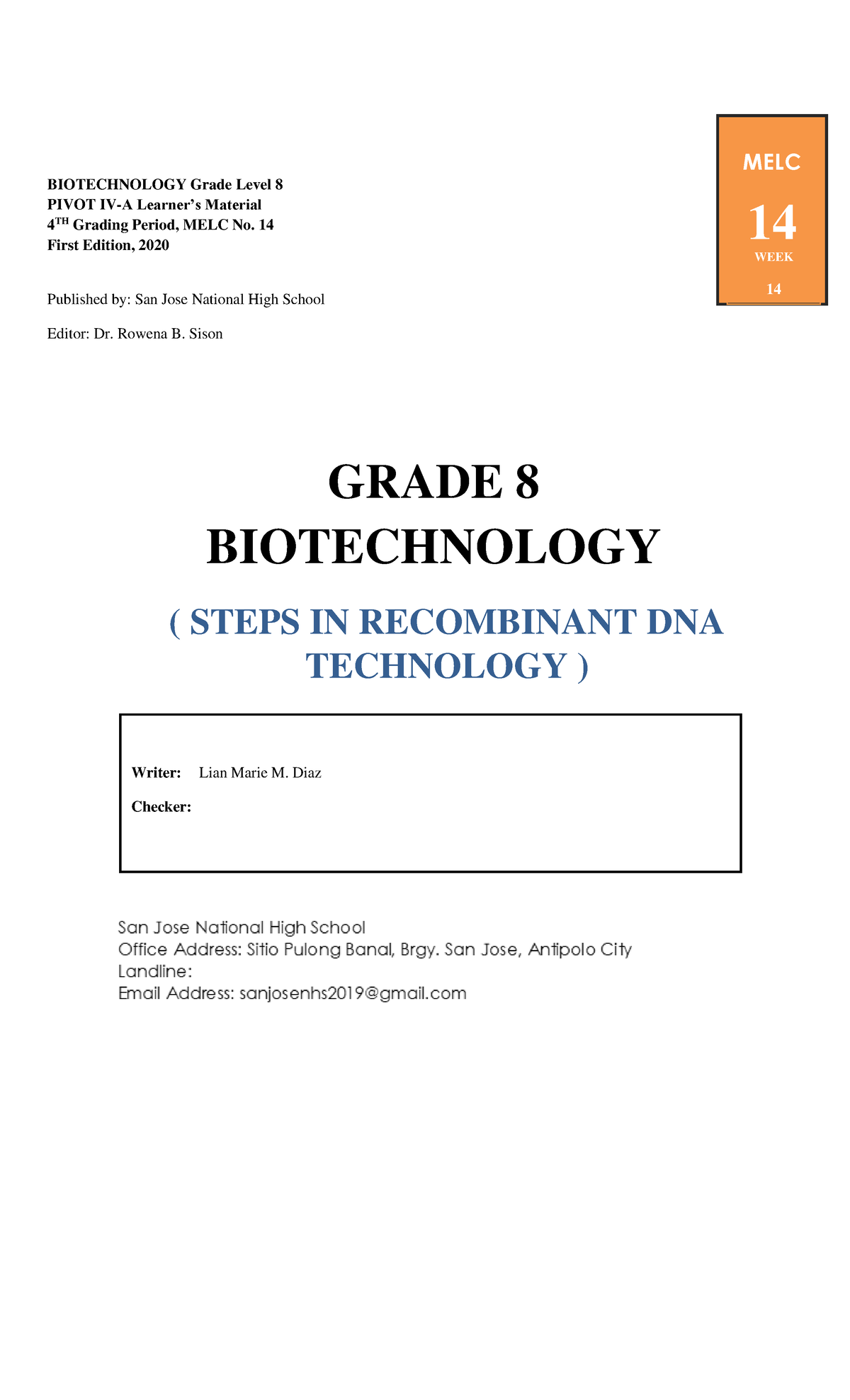 Module 14 RDNA TECH Process - BIOTECHNOLOGY Grade Level 8 PIVOT IV-A ...