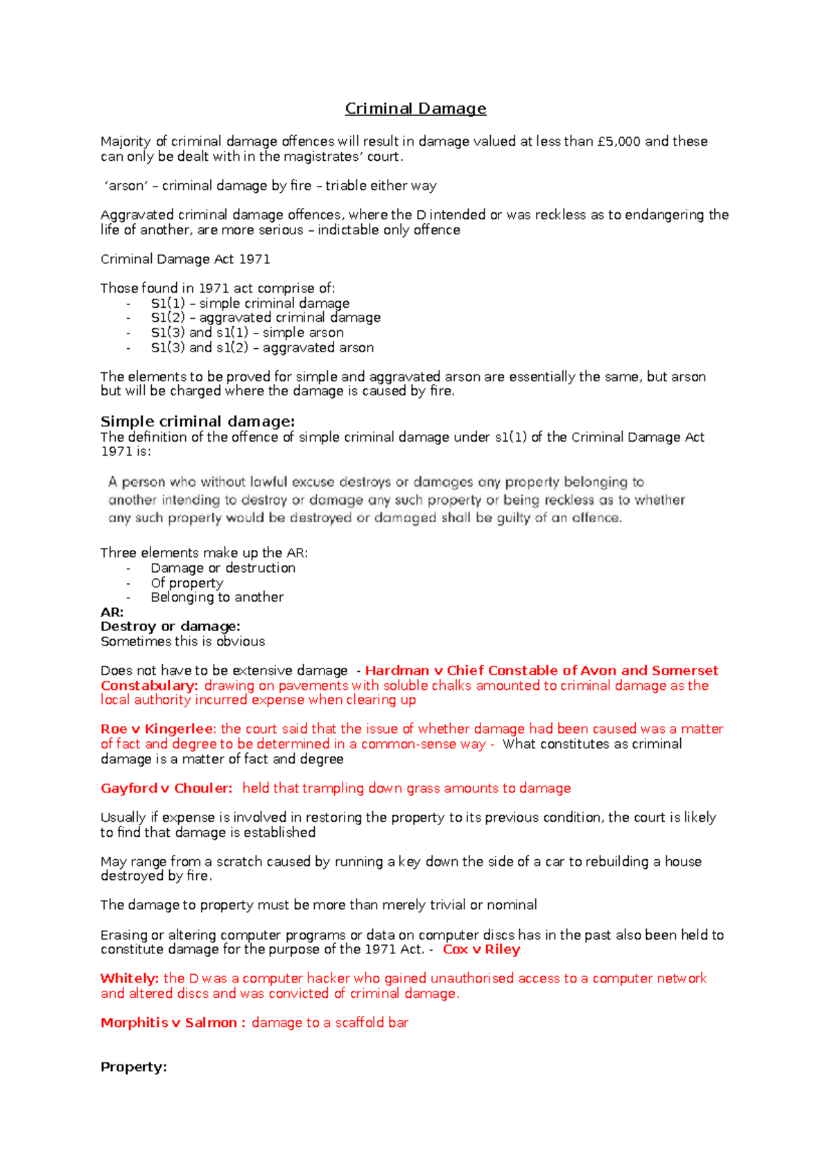 Criminal Damage Overview: Key Elements and Legal Framework - Studocu