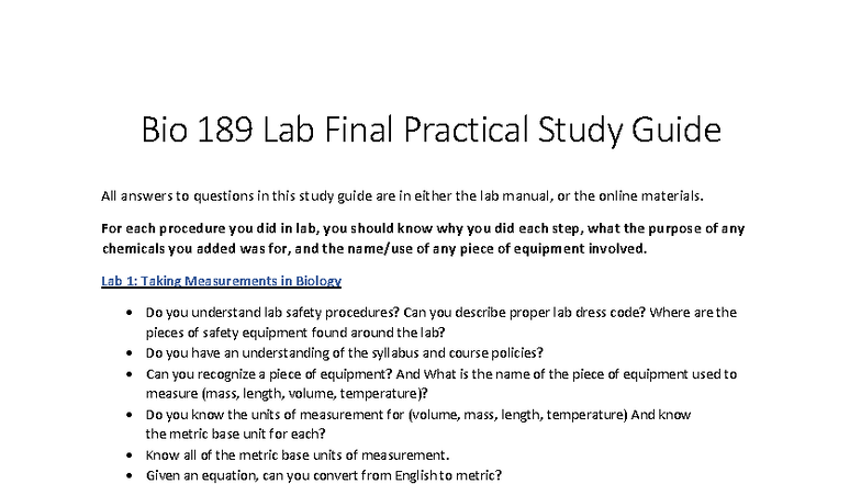 Bio 189 Lab Final Practical Study Guide FA25 - Studocu