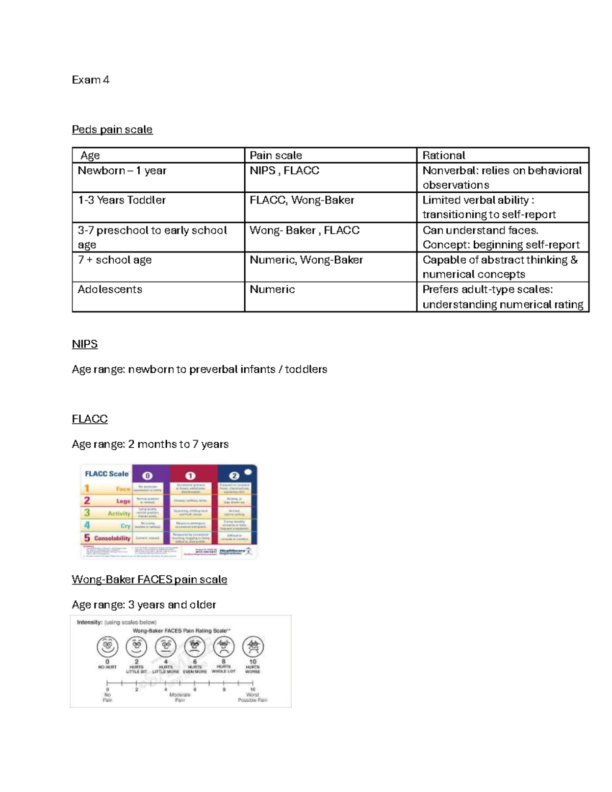 203 Exam 4 Prep: Pediatric Pain Scales and Common Conditions - Studocu