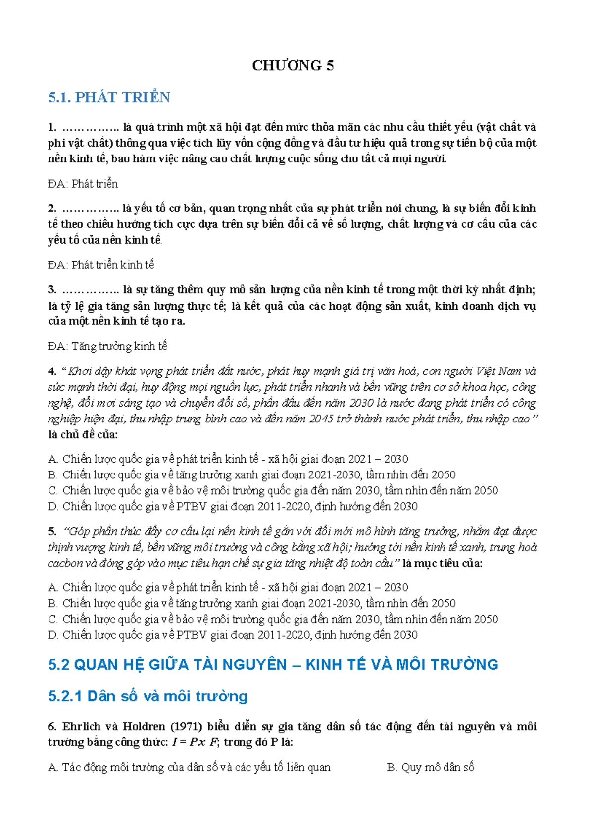 MTDC CHƯƠNG 5 - PHÁT TRIỂN KINH TẾ VÀ MÔI TRƯỜNG - Studocu