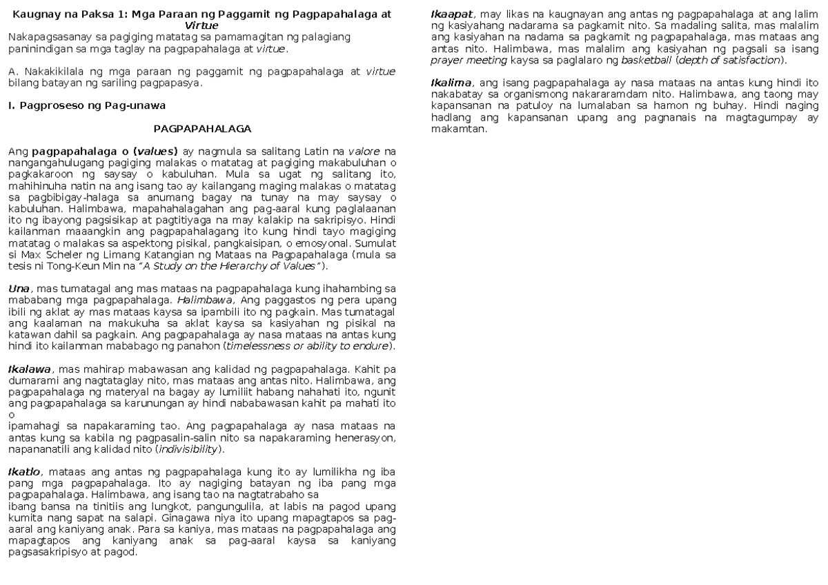 Linggo 3: Kaugnay na Paksa 1 sa Pagpapahalaga at Virtue - Studocu