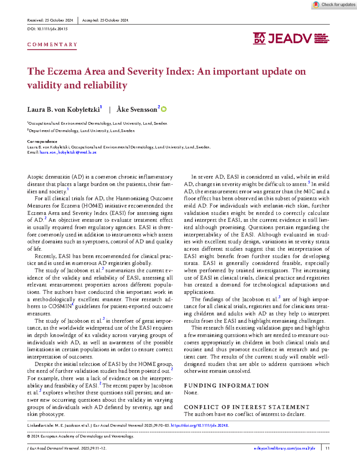 Acad Dermatol Venereol - 2024 - Kobyletzki - The Eczema Area and Severity Index An important ...
