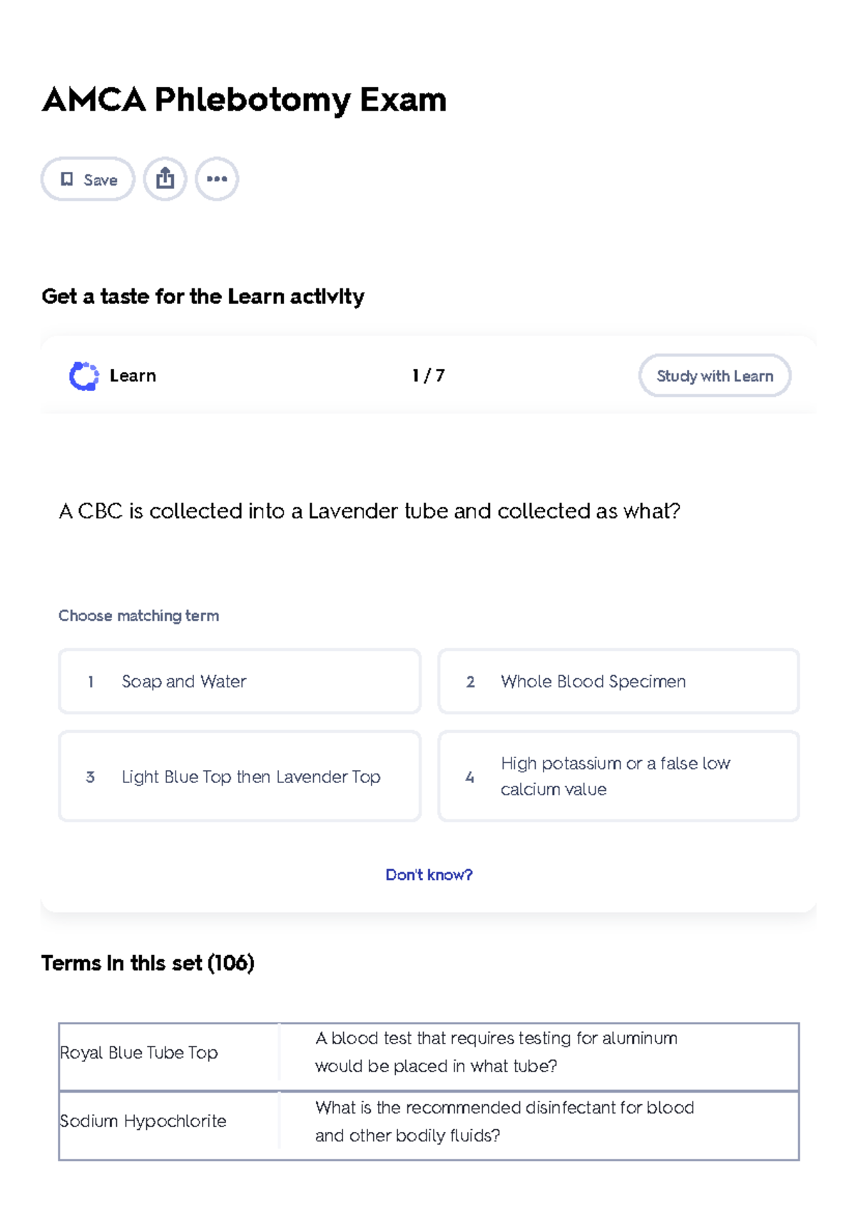 AMCA Phlebotomy Exam Study Flashcards for Quiz Preparation - Studocu