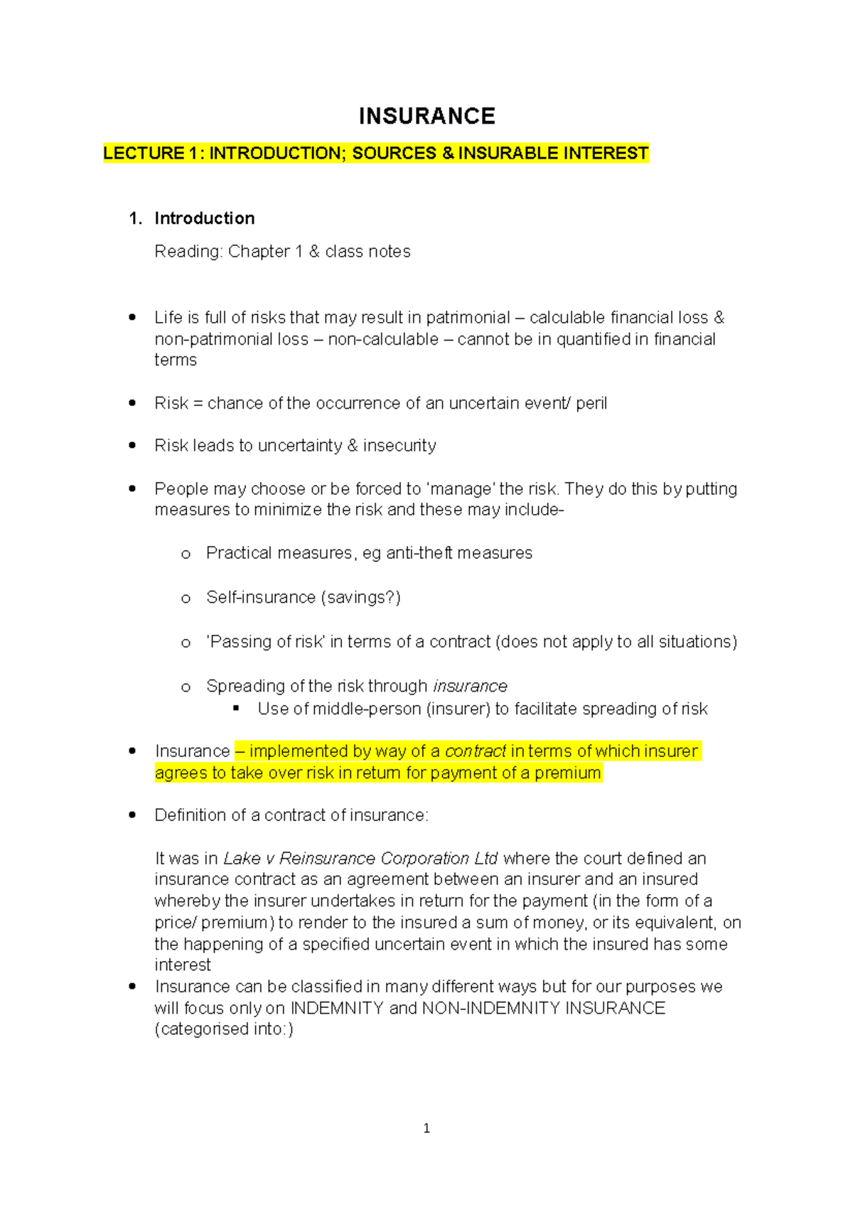 Insurance Law Lecture Notes (INS 101): Indemnity vs Non-Indemnity - Studocu