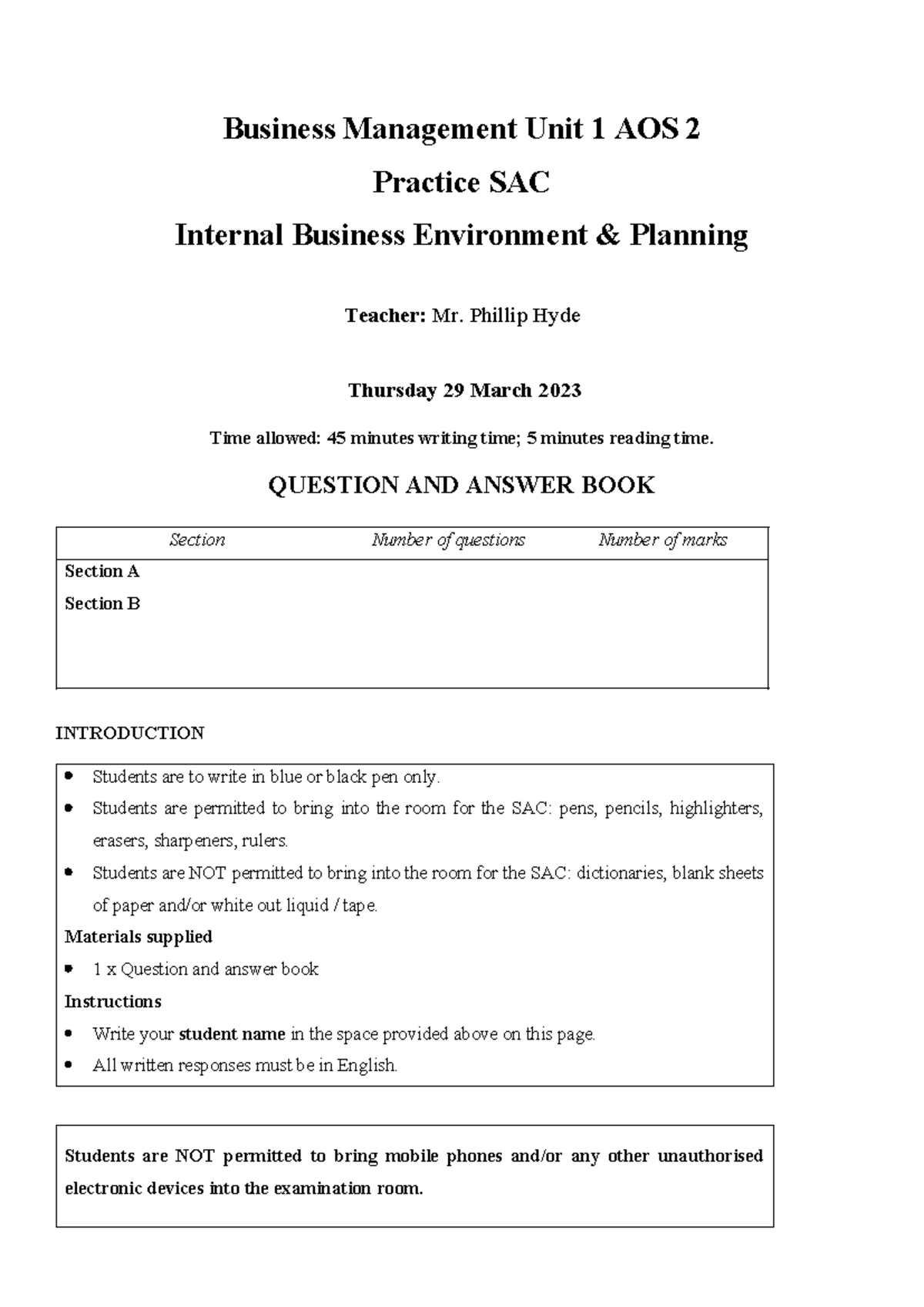 Business Management Unit 1 AOS 2 SAC: Internal Business Environment ...