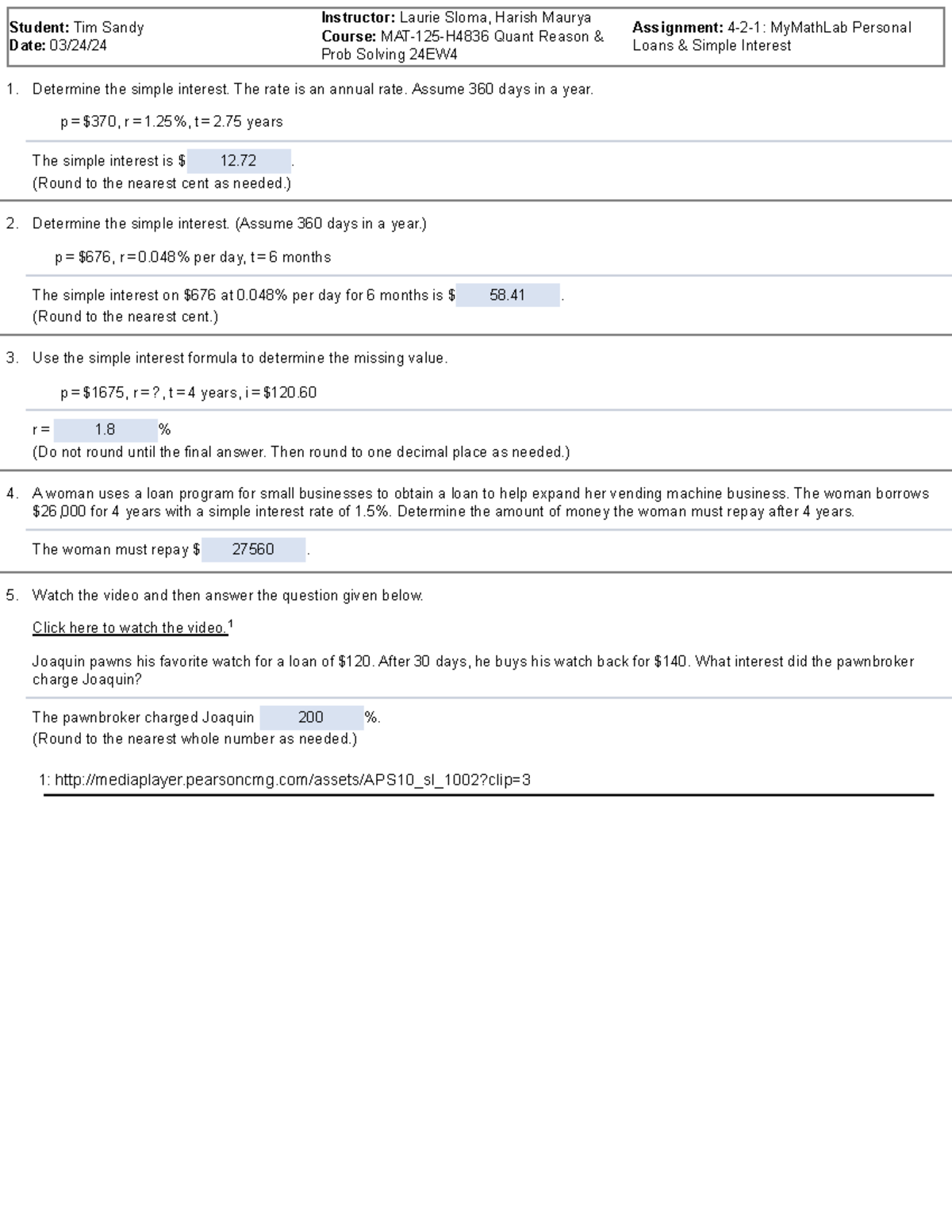 4-2-1 My Math Lab Personal Loans & Simple Interest - 1. 2. 3. 4. 5 ...