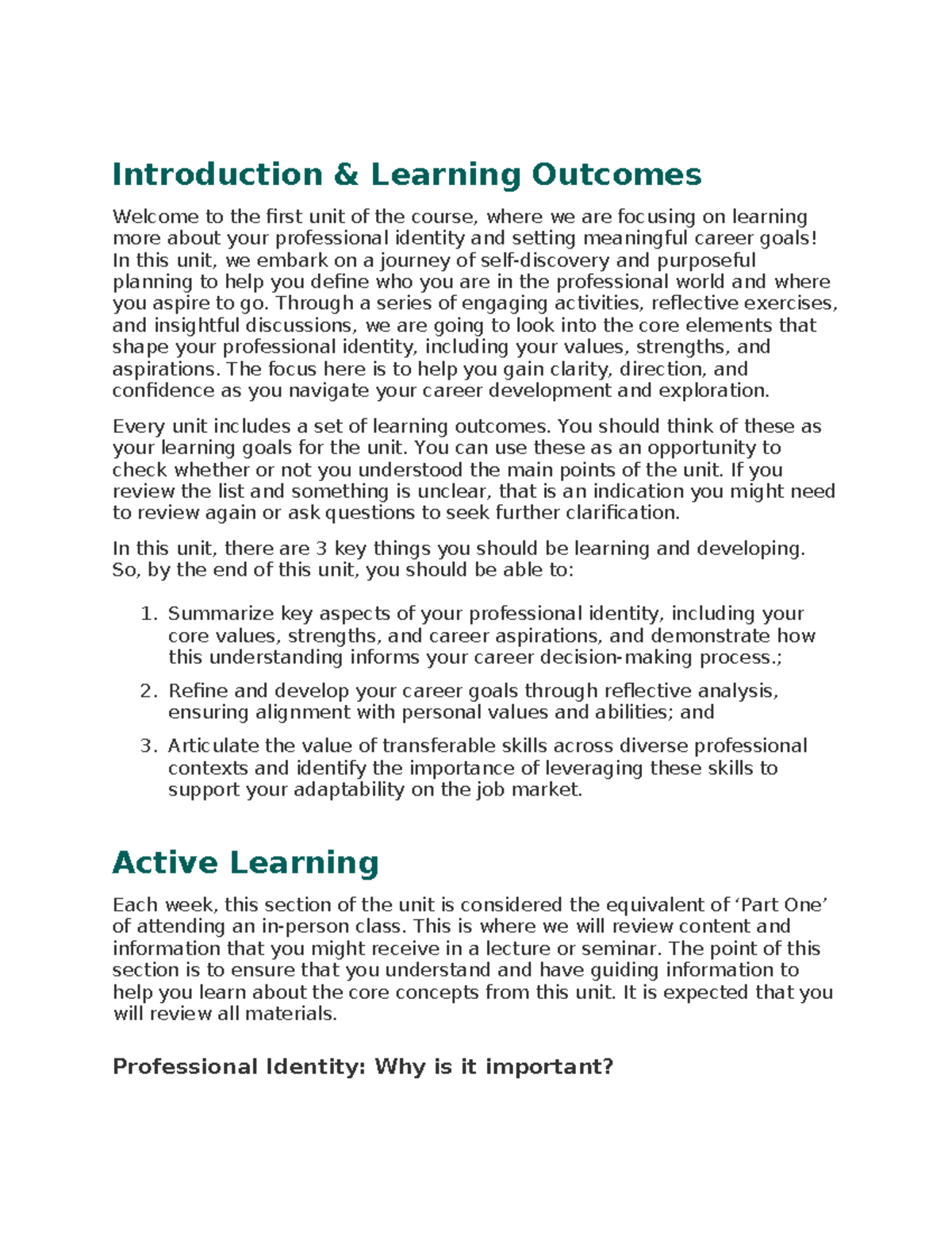 Mgmt 101: Introduction to Professional Identity & Career Goals - Studocu