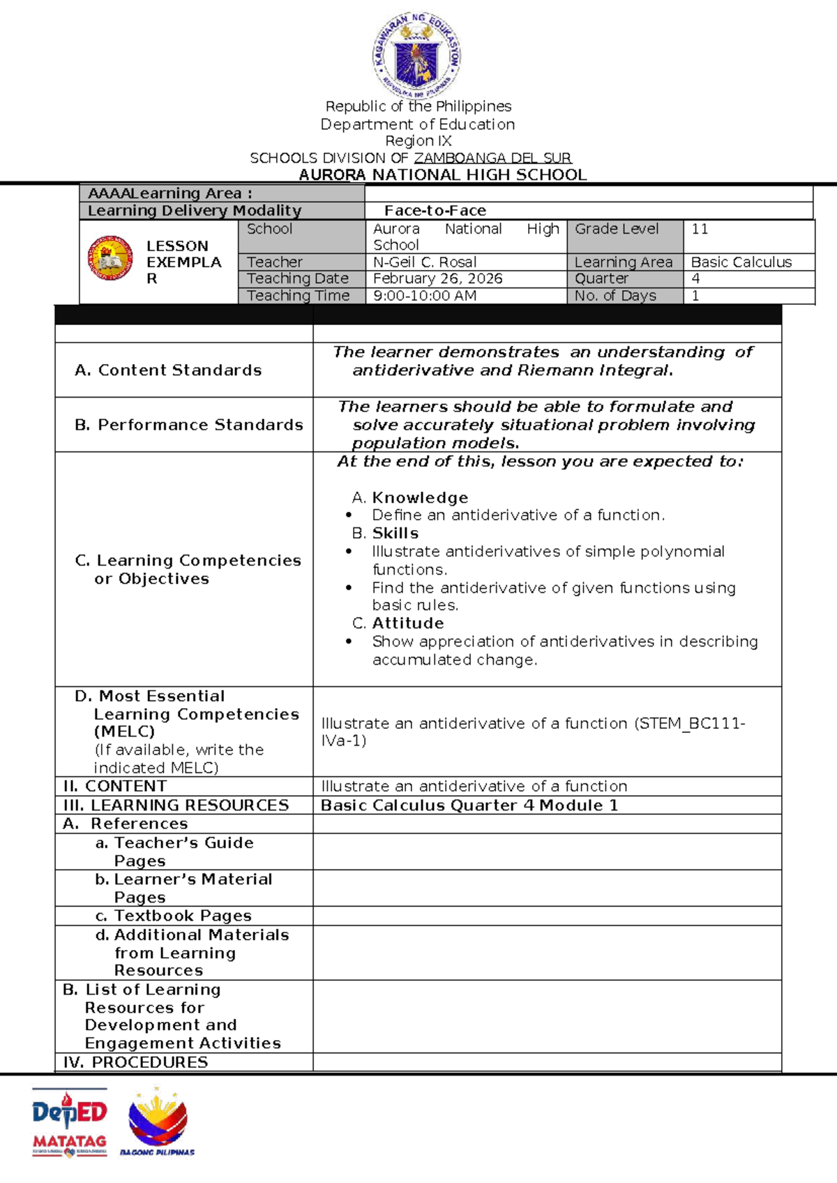 Basic Calculus Lesson Plan (Grade 11) - Quarter 4 Module 1 - Studocu
