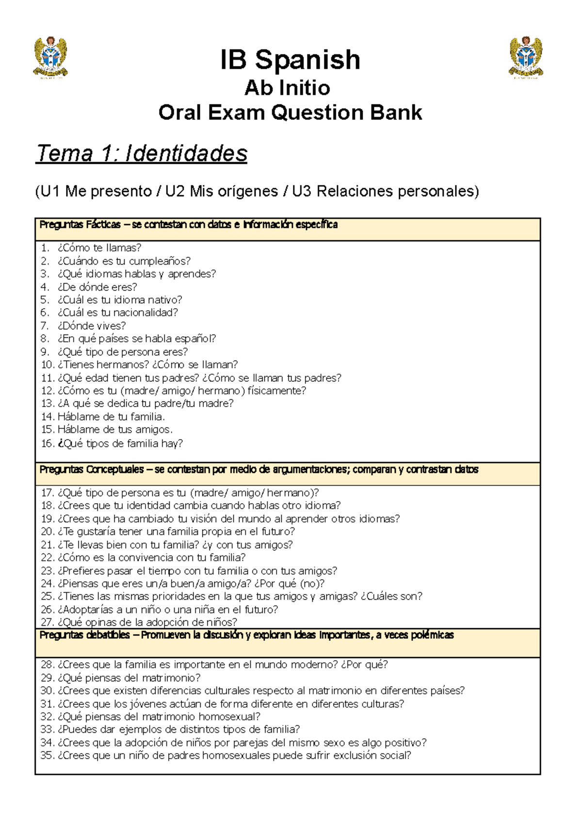 Theme 1 - PART 1 - IB ORAL EXAM Questions - IB Spanish Ab Initio Oral ...