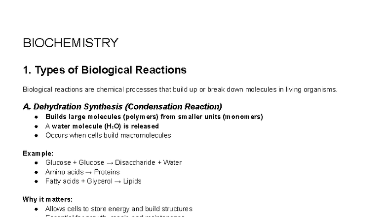 Biochemistry 1: Types of Biological Reactions and Macromolecules - Studocu
