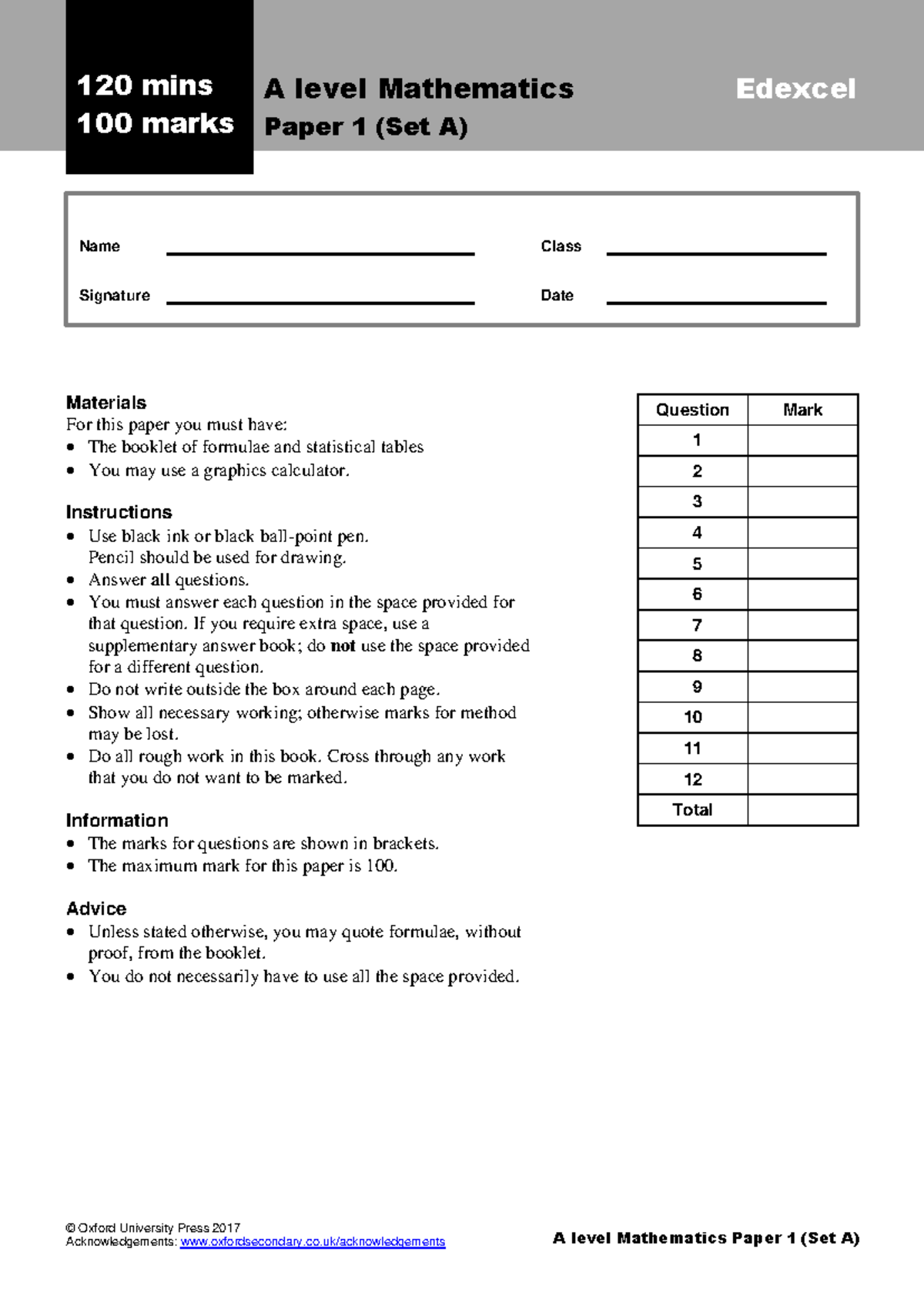 A Level Mathematics Edexcel: Paper 1 (Set A) Exam Questions - Studocu
