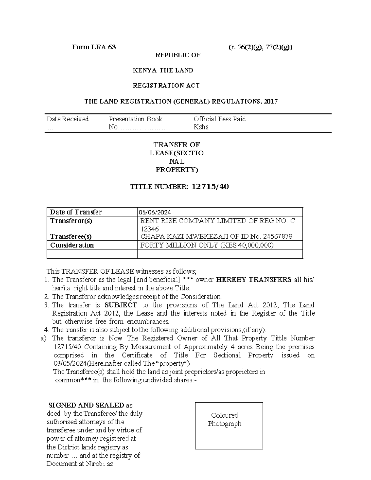 Transfer of Lease Document - LRA 63 (Kenya) - Studocu