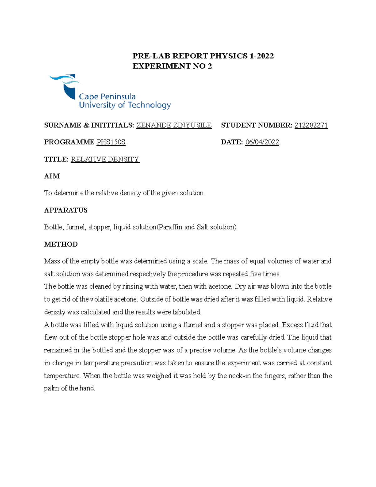 PHS150S Pre-Lab Report 2.1: Experiment on Relative Density - Studocu