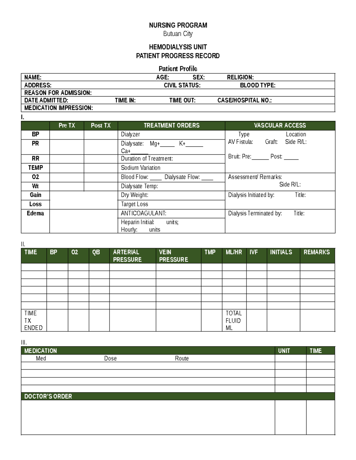 Hemodialysis-Form-1 - Nothingness - NURSING PROGRAM Butuan City HEMODIALYSIS UNIT PATIENT ...