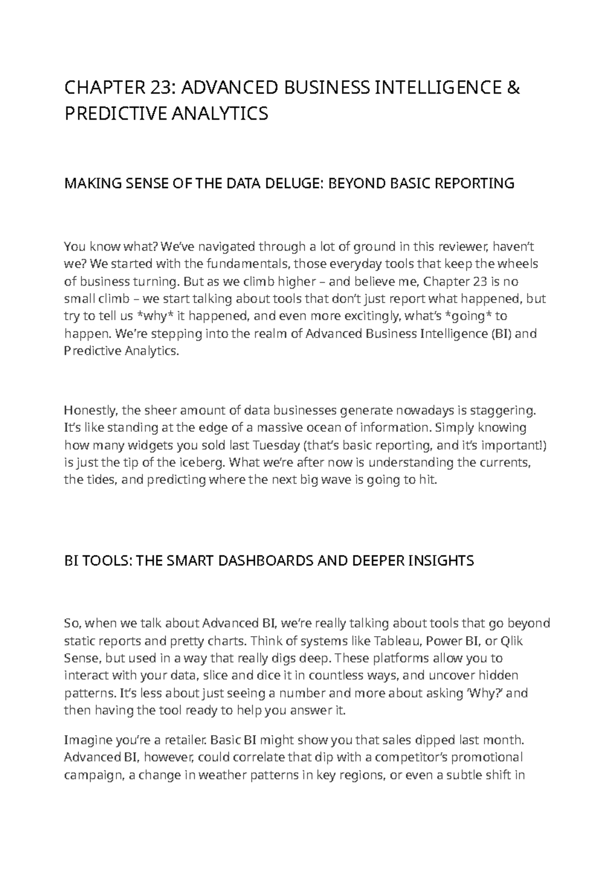 CHAPTER 23 REVIEW: ADVANCED BI & PREDICTIVE ANALYTICS IN BUSINESS - Studocu