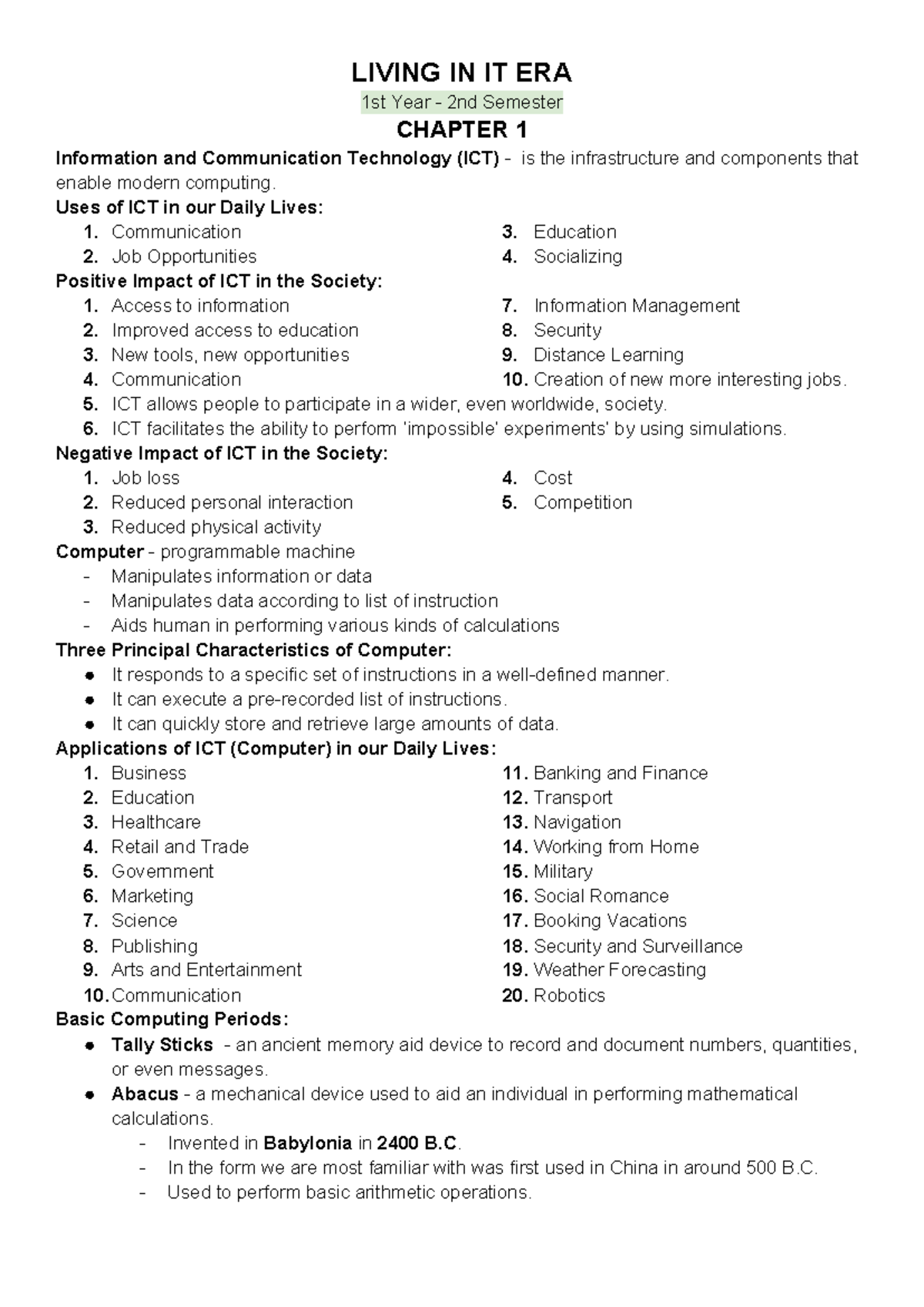 LITE Reviewer - LIVING IN IT ERA 1st Year - 2nd Semester CHAPTER 1 Information and Communication ...