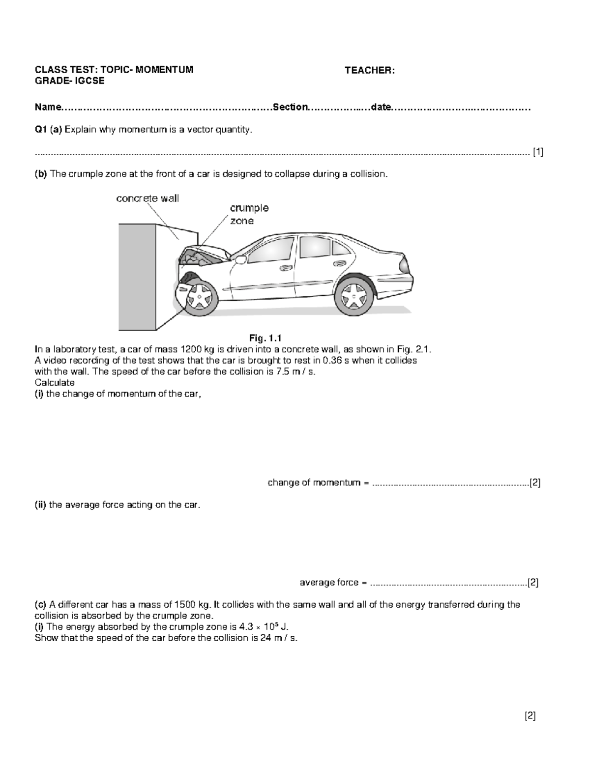 Momentum Worksheet - IGCSE Physics 0625 - Concepts of Inertia ...