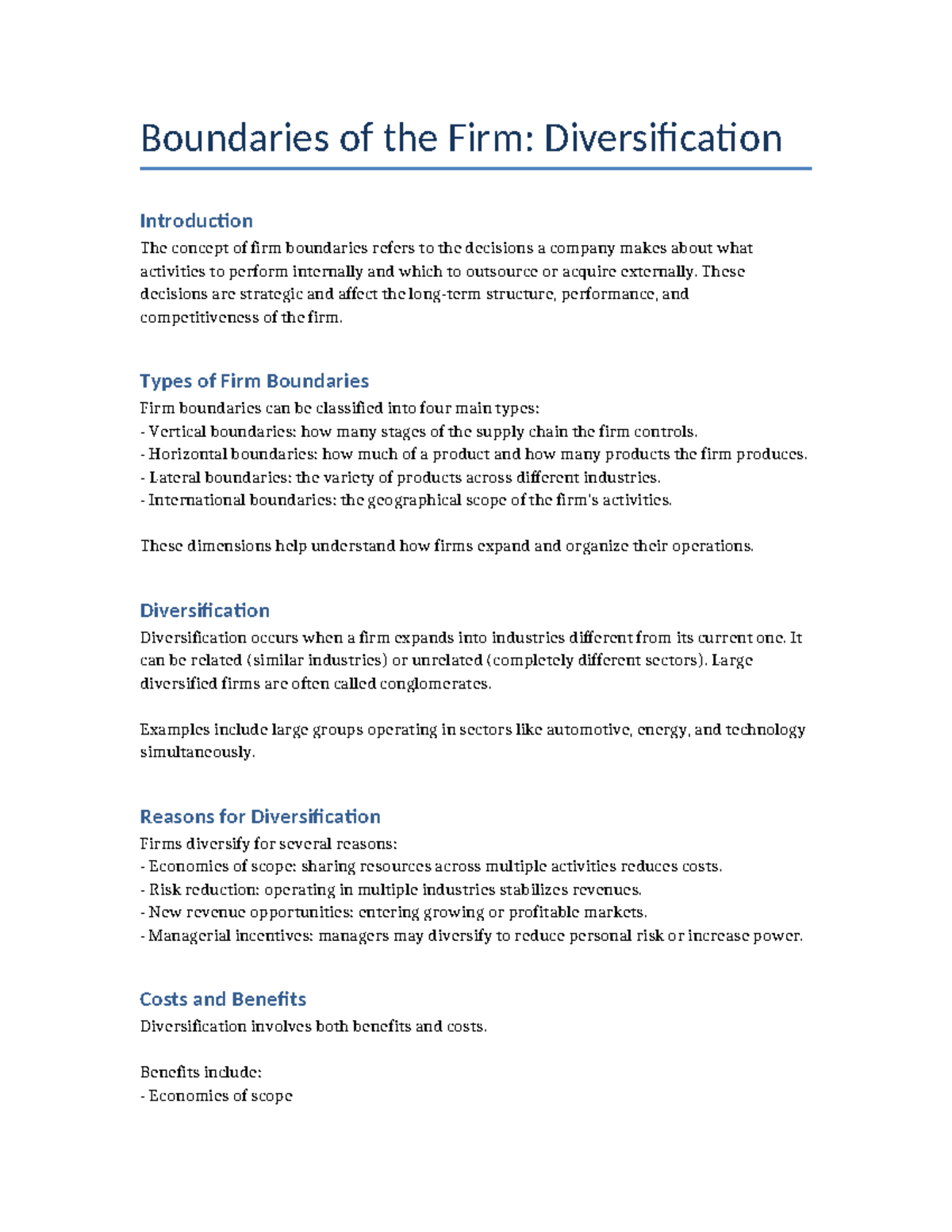 BIE 101: Boundaries of the Firm & Diversification Overview - Studocu