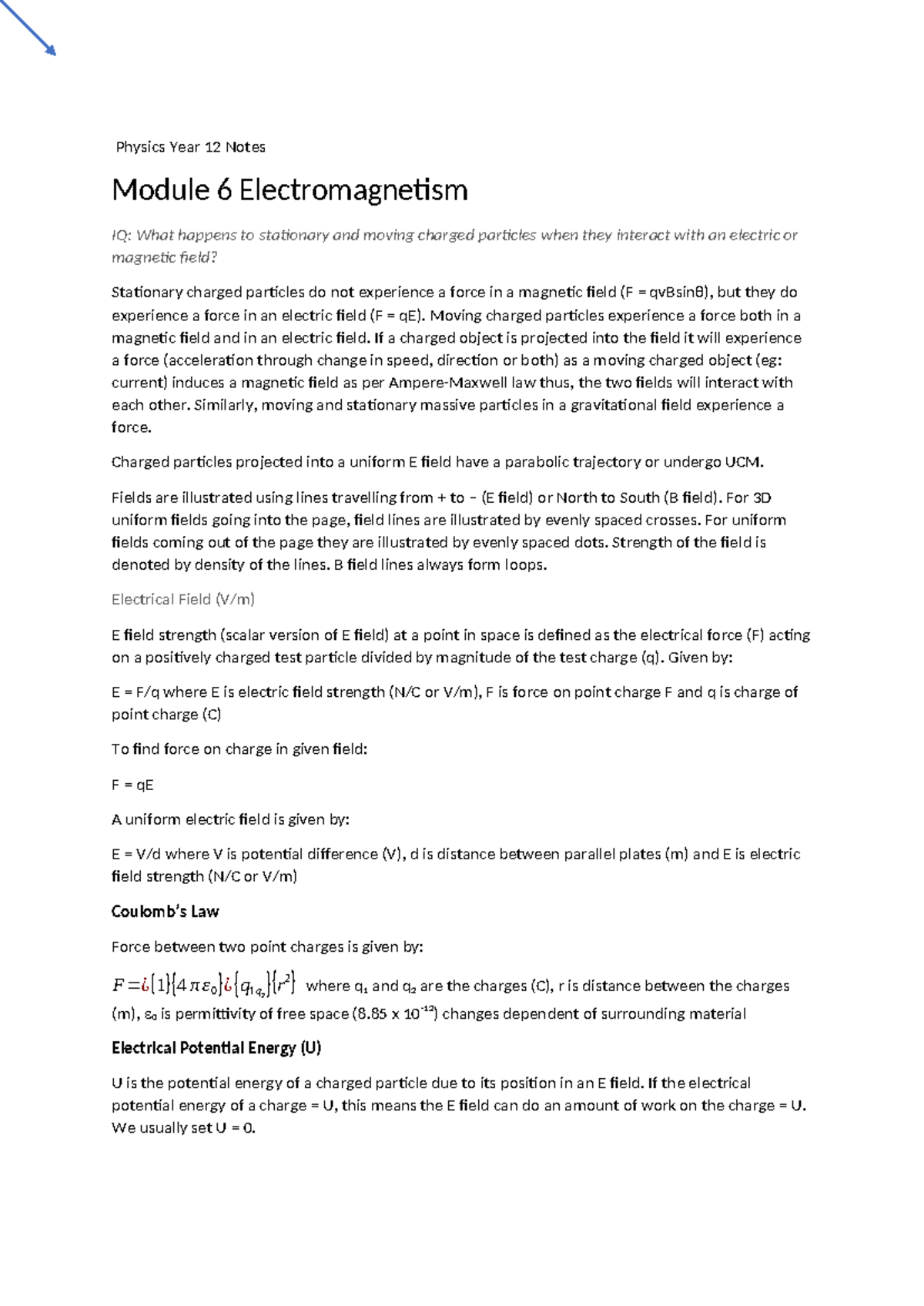 Physics Year 12 Notes: Module 6 Electromagnetism Overview - Studocu