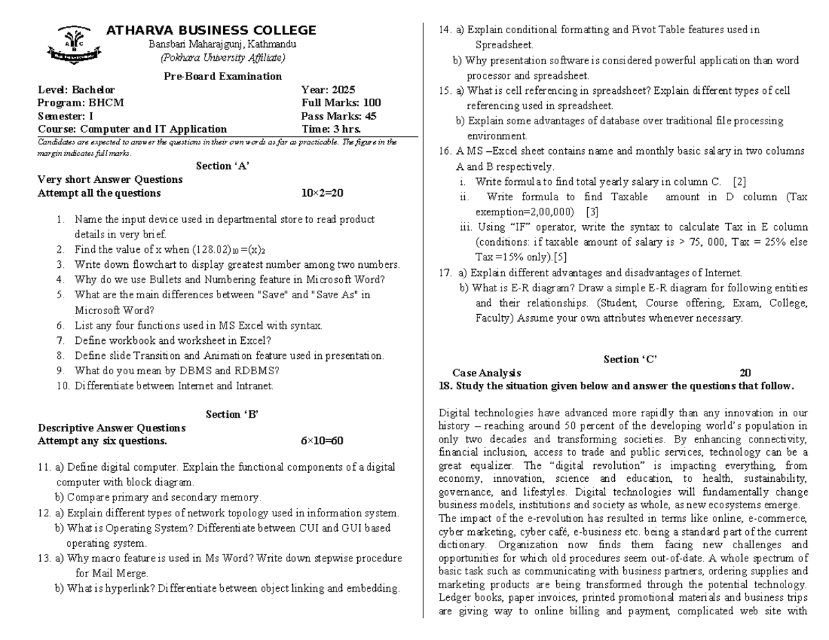 BBA 1st Semester Computer & IT Application Exam Guide - Studocu