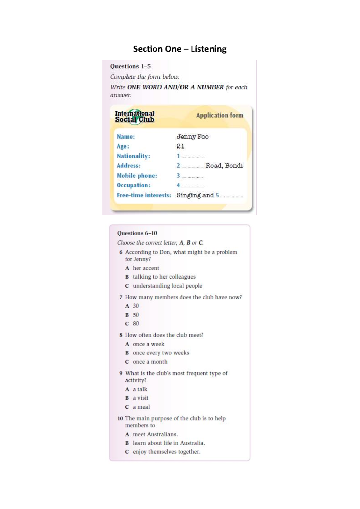 Section One Unit01 D6 - Listening Practice Questions - Studocu