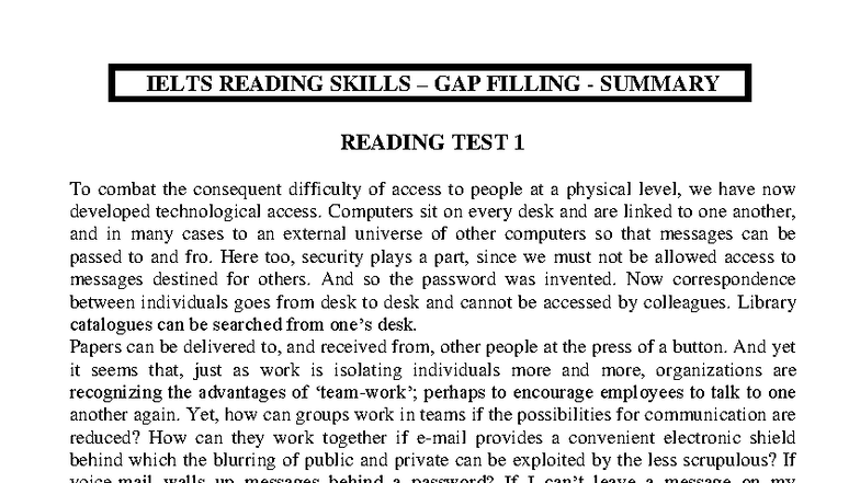 IELTS READING SKILLS GAP FILLING SUMMARY - TEST 1 - Studocu