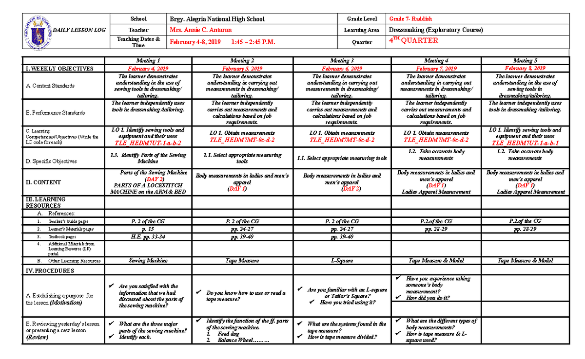 Daily Lesson Log for TLE Grade 7 - Dressmaking (February 4-8, 2019 ...