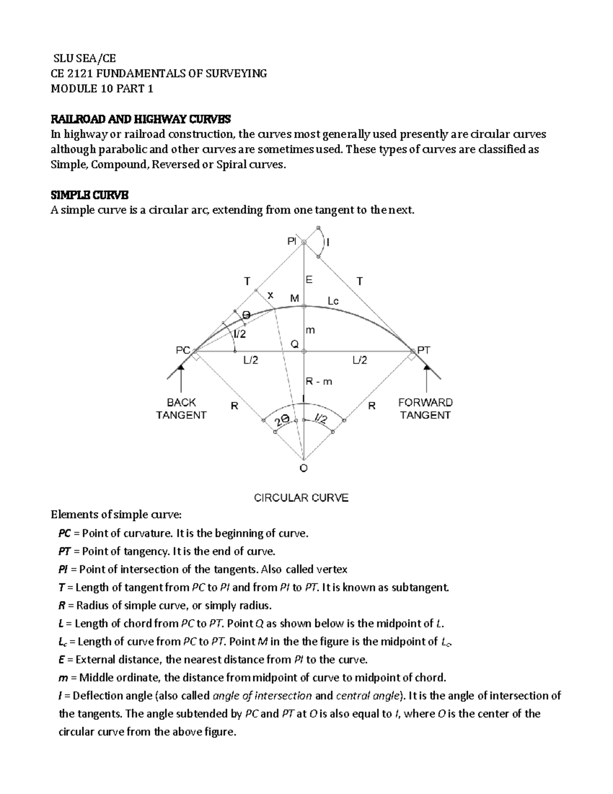 SLU CE 2121 Fundamentals of Surveying: Module 10 - Railroad & Highway ...