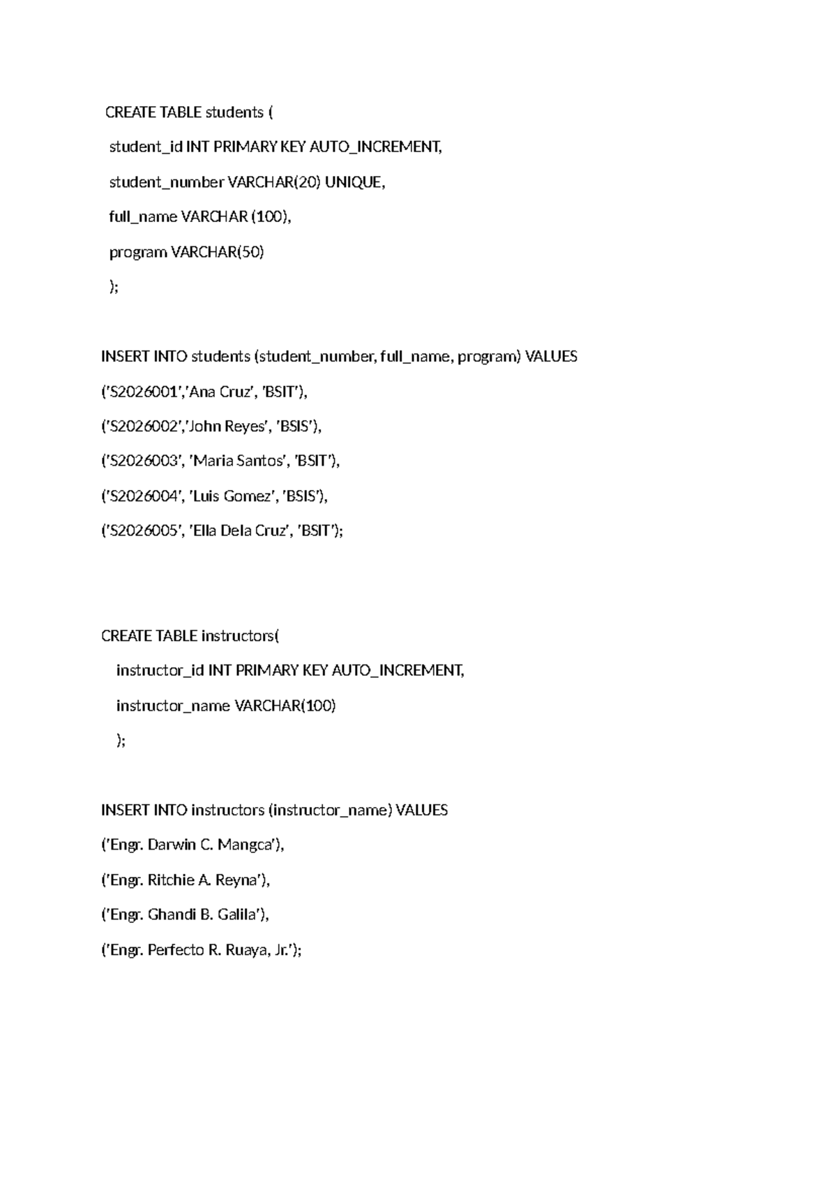 SQL Database Creation and Insertion Scripts - Studocu