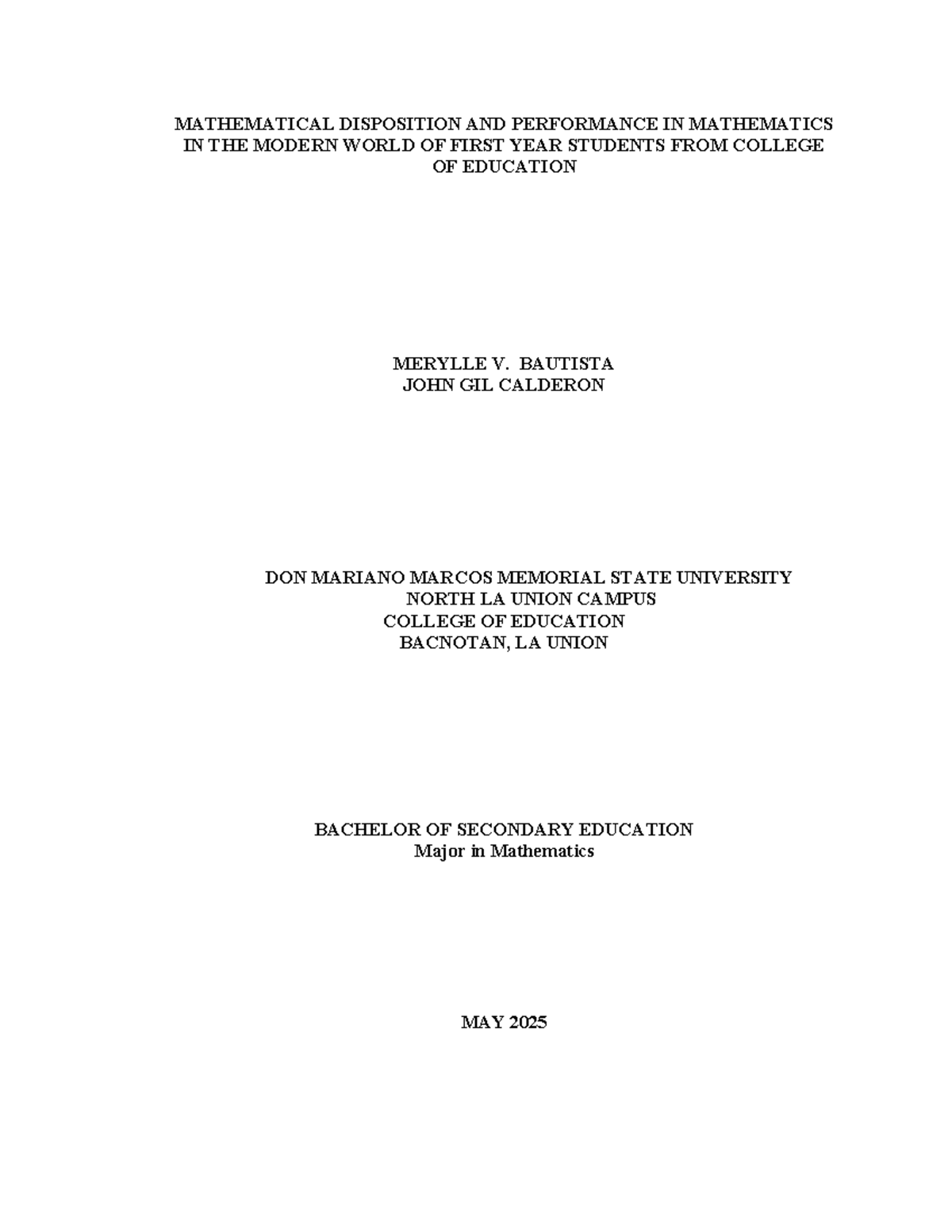 Mathematical Disposition & Performance in Math (SEME 121) - Studocu