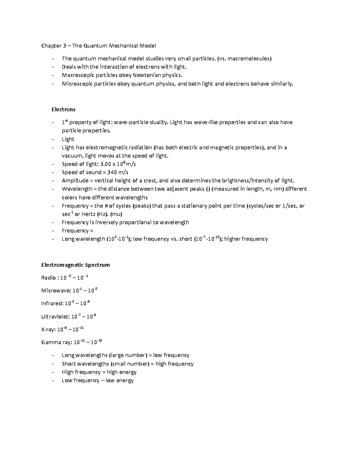 CHEM 1211 Chapter 3: Quantum Mechanical Model Overview - Studocu