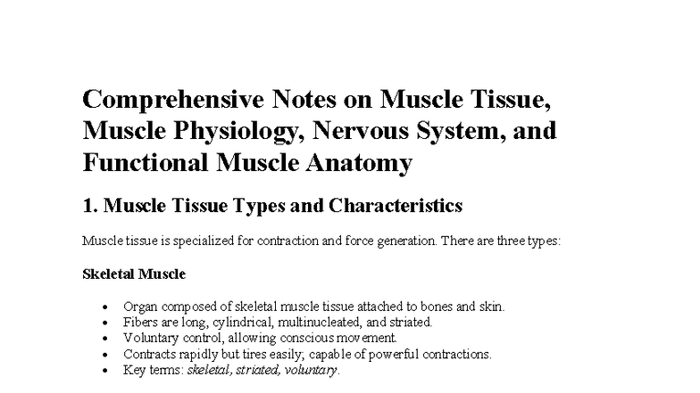 Comprehensive Notes on Muscle Tissue and Nervous System Physiology 1 ...