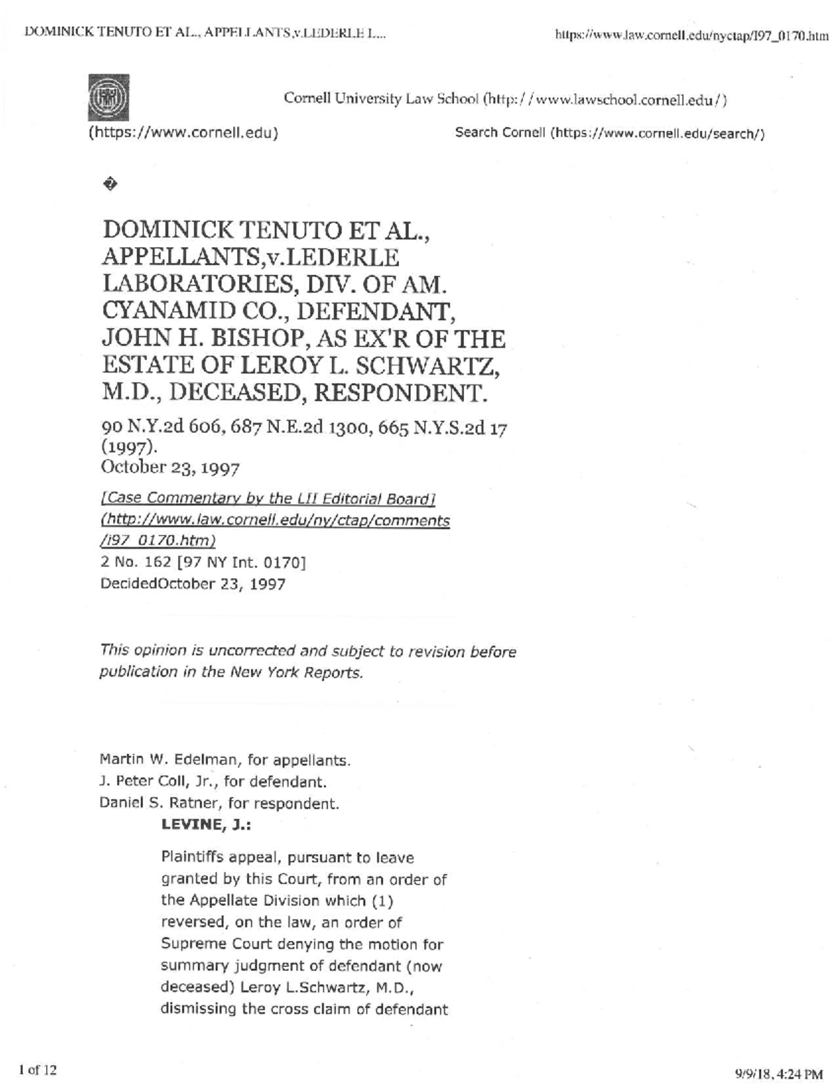 Final Assessment Report for Course Code 02DB: Tenuto v. Lederle Case ...