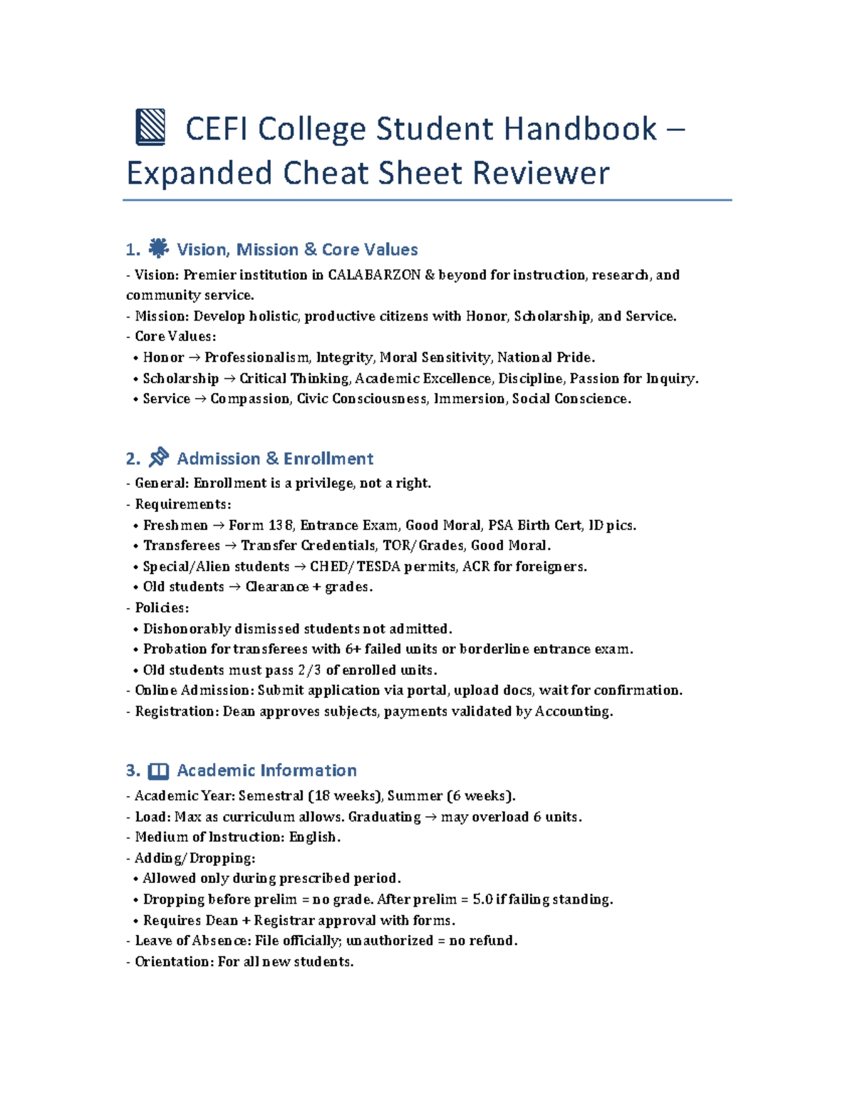 CEFI College Student Handbook: Expanded Cheat Sheet Review - Studocu