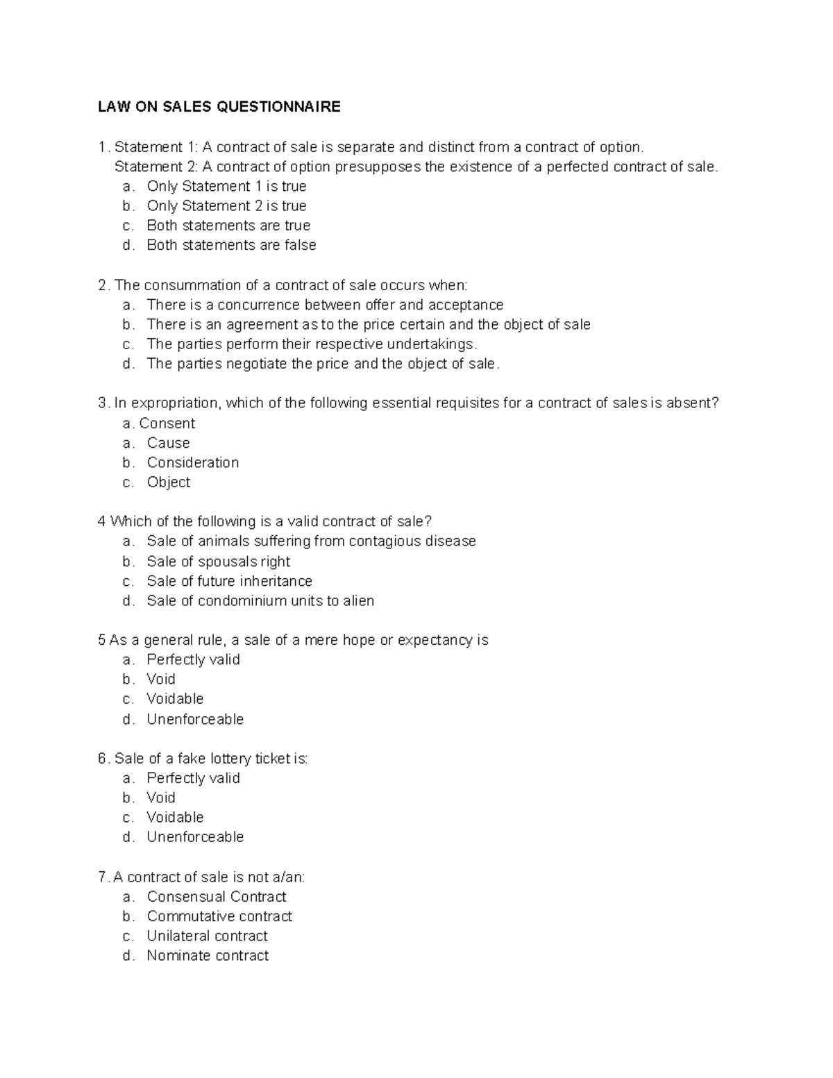 LAW ON SALES - Comprehensive Questionnaire for Review - Studocu